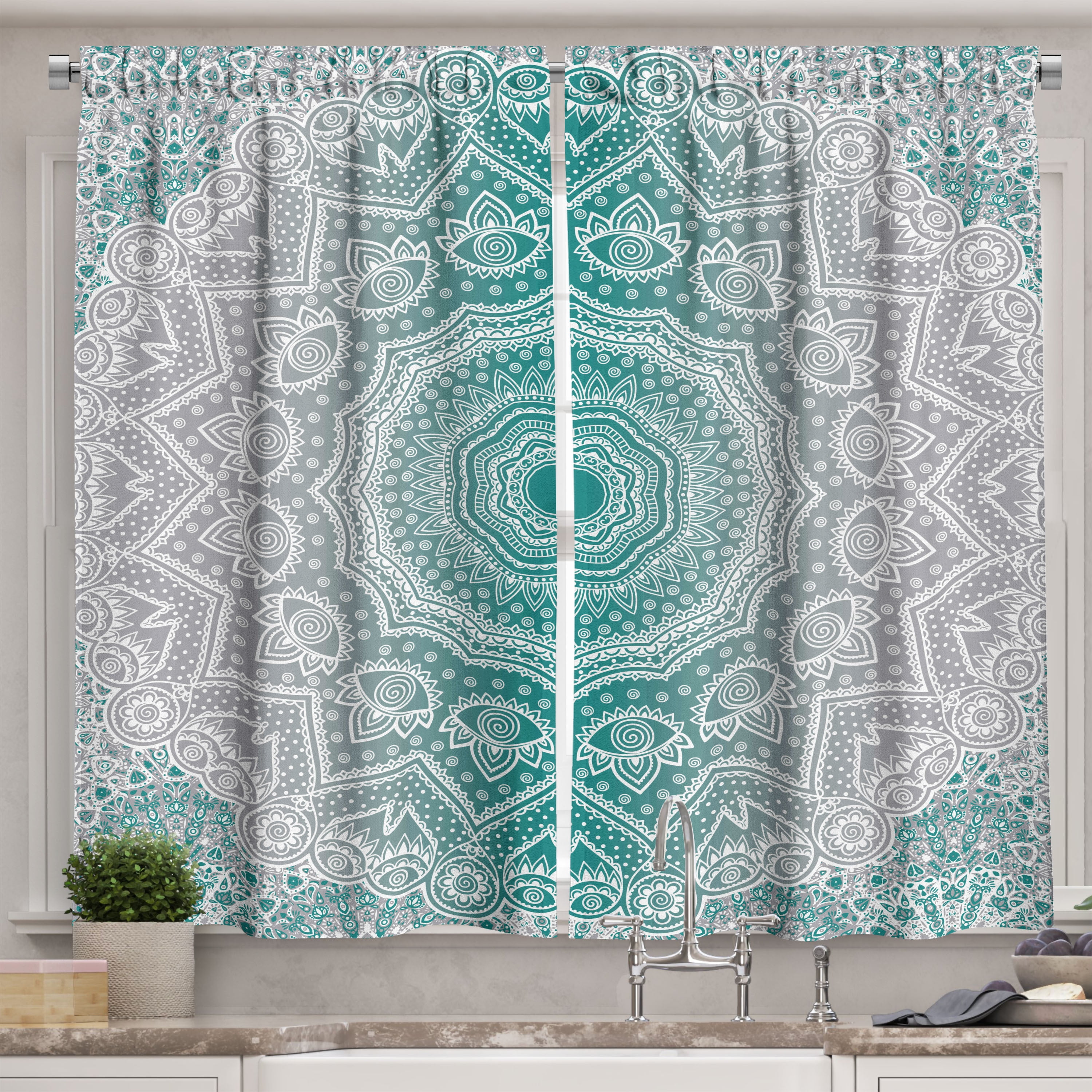 Ambesonne Grey and Teal Kitchen Curtains, Mandala Occult Motif, 55"x45 ...
