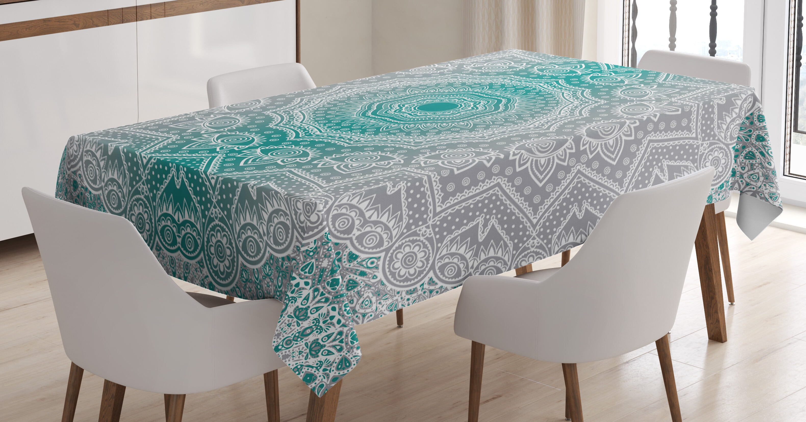 Ambesonne Grey and Teal Tablecloth Rectangular Table Cover, Mandala ...