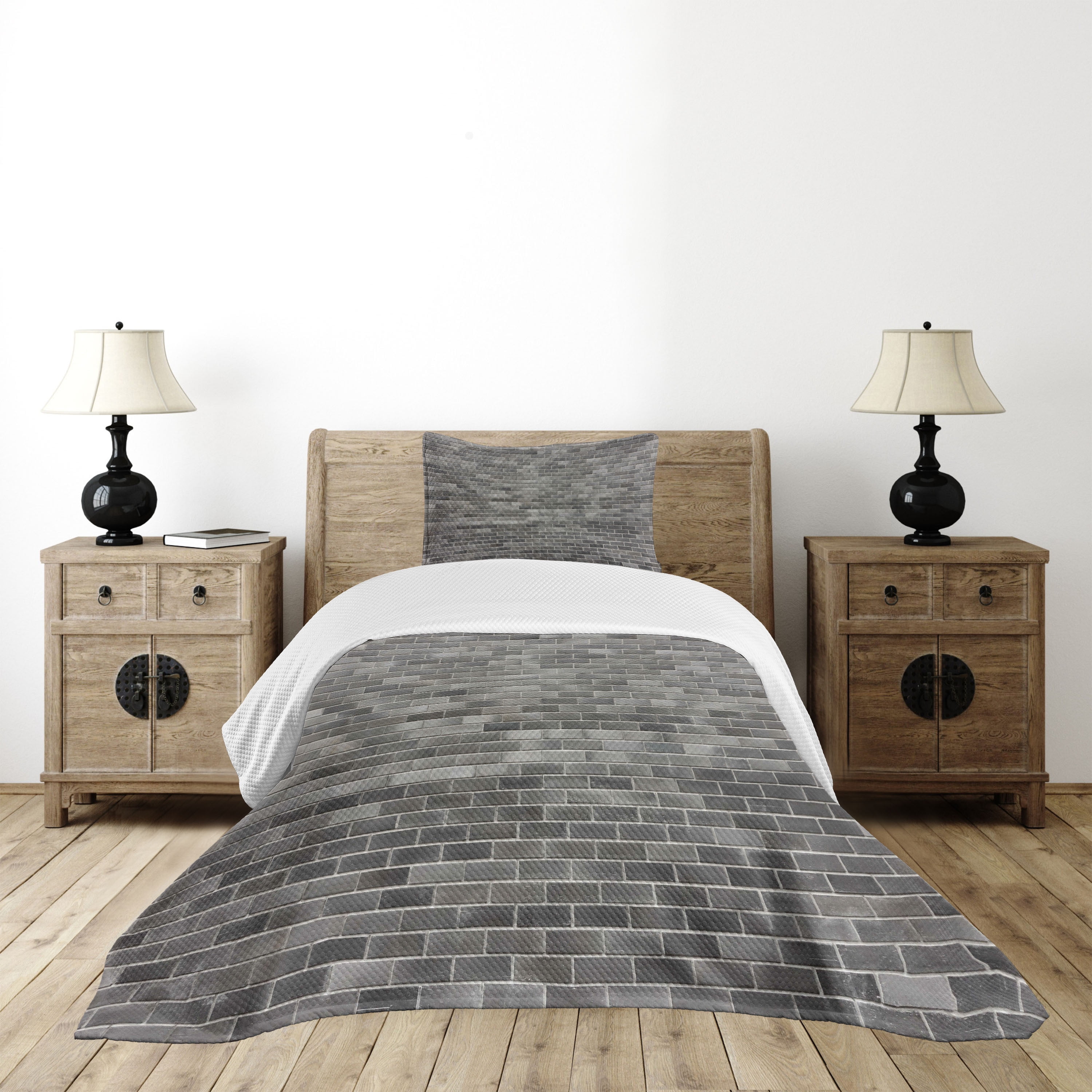 Ambesonne Grey and White Quilted Bedspread Set 2 Pcs, Brick Wall Tiles ...