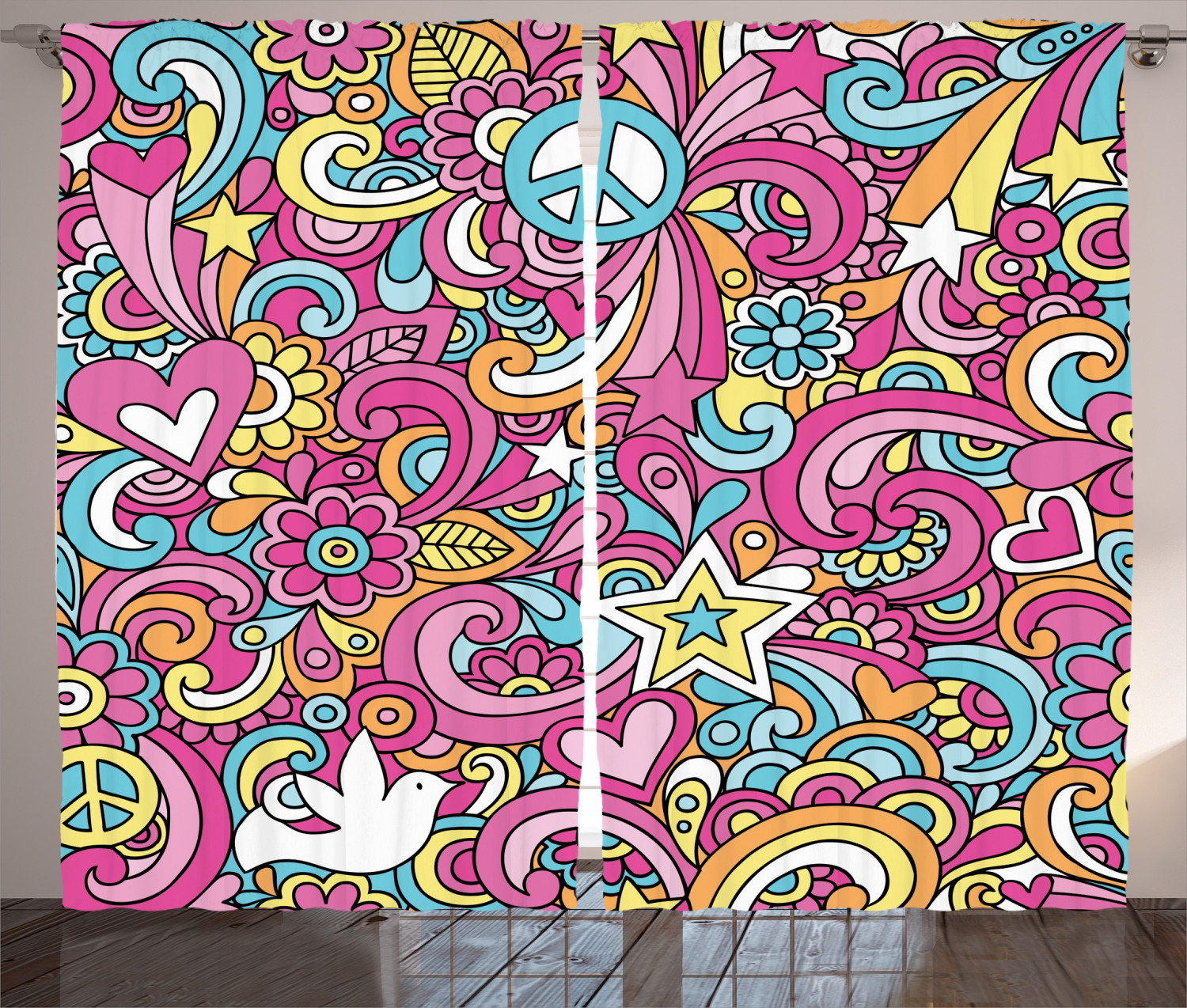 Ambesonne Groovy Curtains 2 Panel Set, Funky 60s Fun Retro, 108" x 84 ...