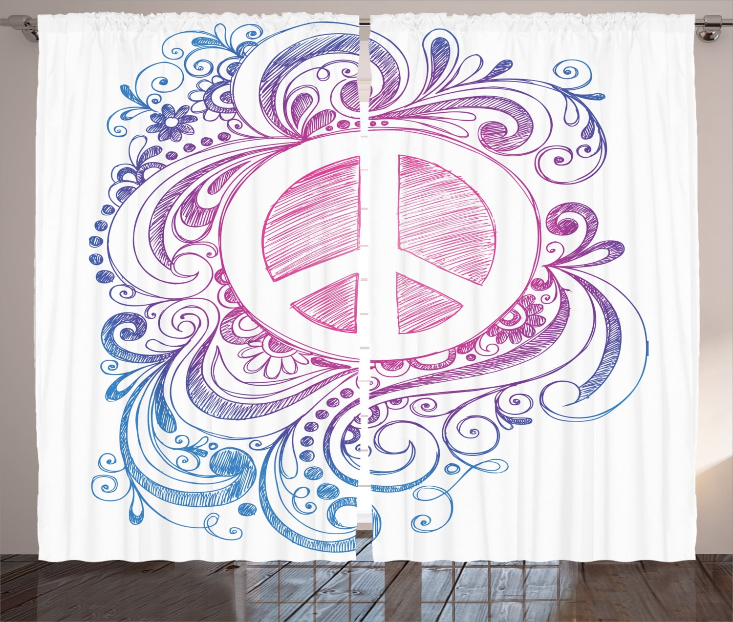 Ambesonne Groovy Curtains 2 Panel Set, Peace Sign and Swirls, 108" x 84 ...