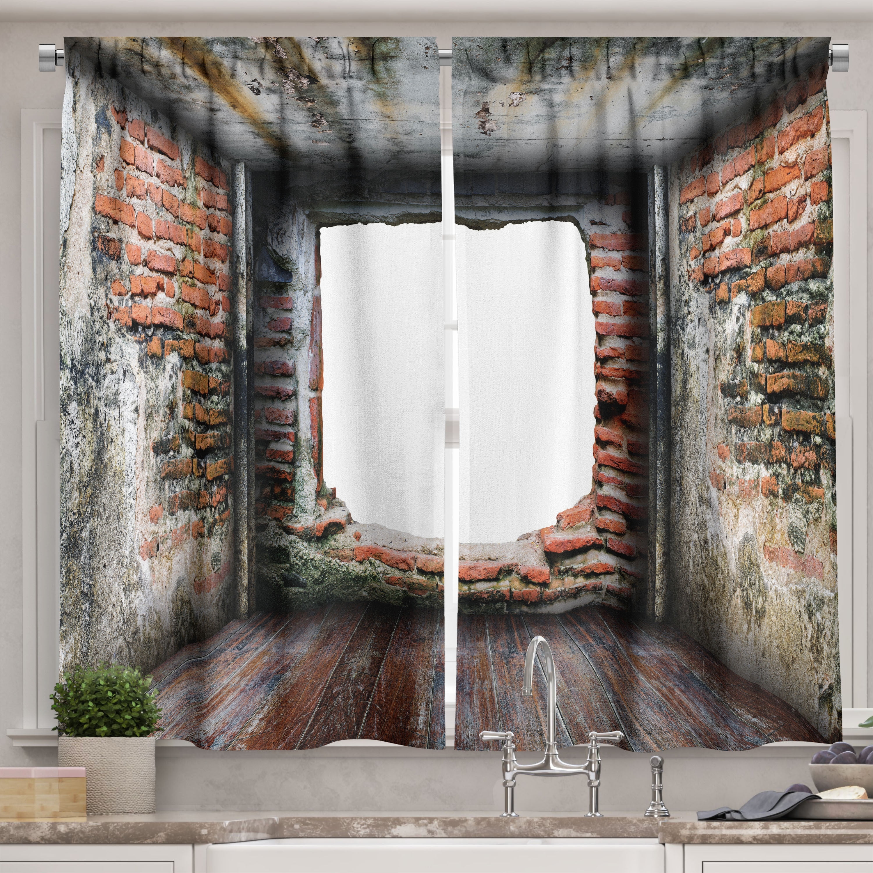 Ambesonne Grunge Kitchen Curtains, Abondoned Aged Interior, 55"x39 ...