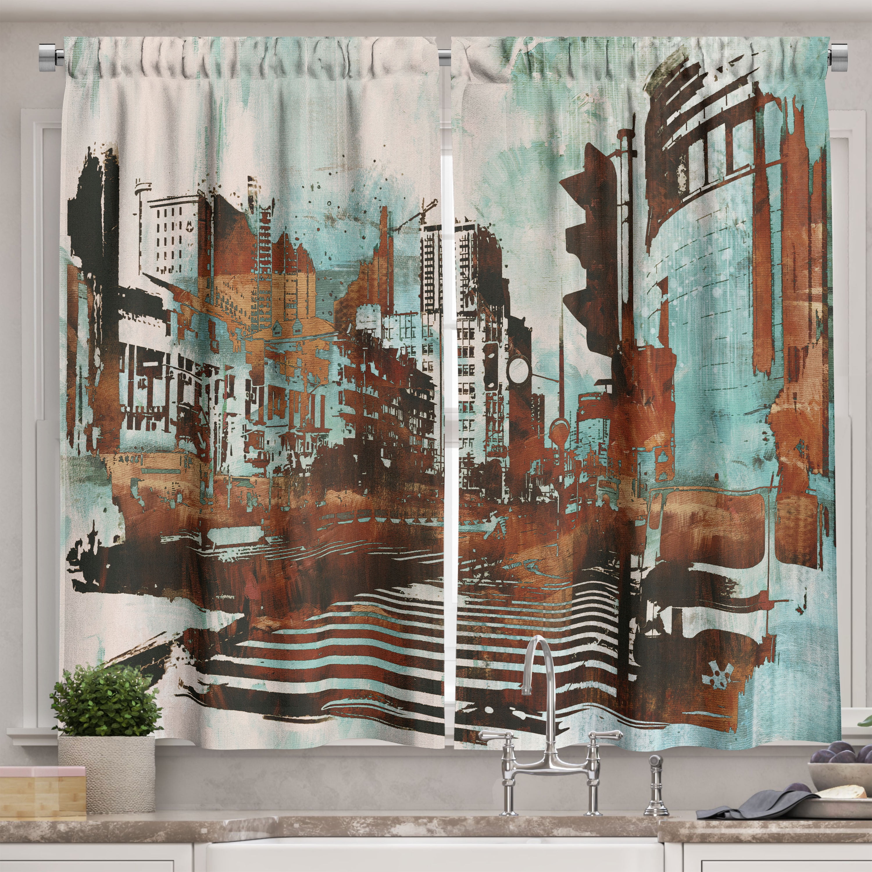 Ambesonne Grunge Kitchen Curtains, Urban Abstract Cityscape, 55"x39 ...