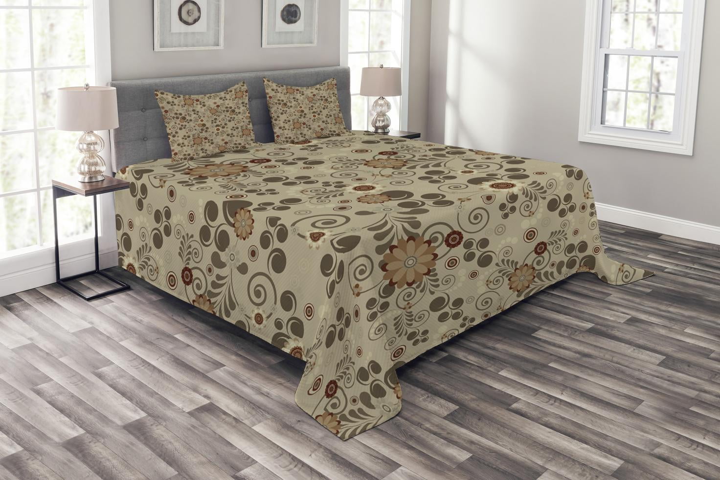 Ambesonne Grunge Quilted Bedspread Set 3 Pcs, Swirls Curves and Dots ...
