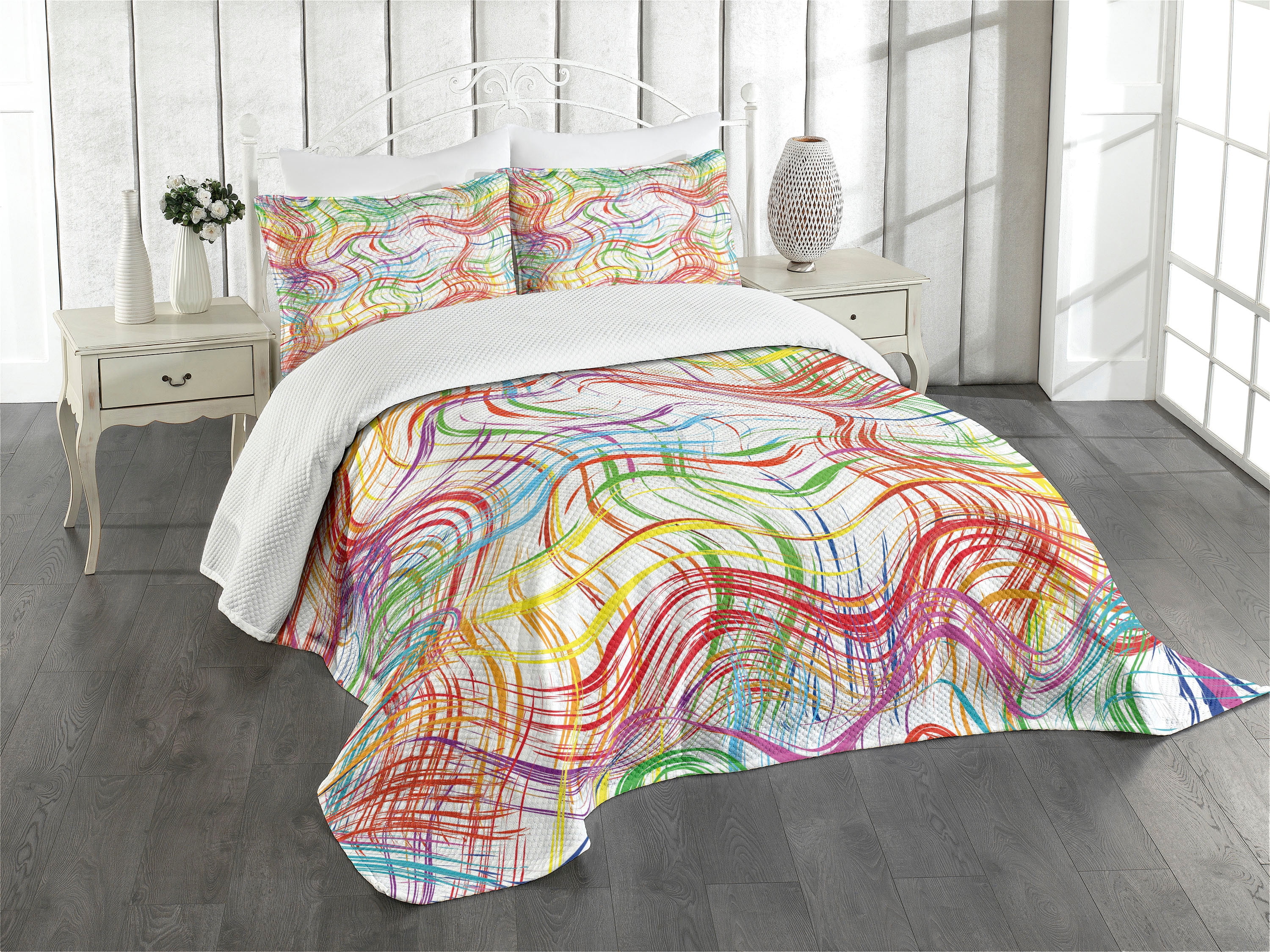 Ambesonne Grunge Quilted Bedspread Set 3 Pcs, Wavy Colorful Stripes ...