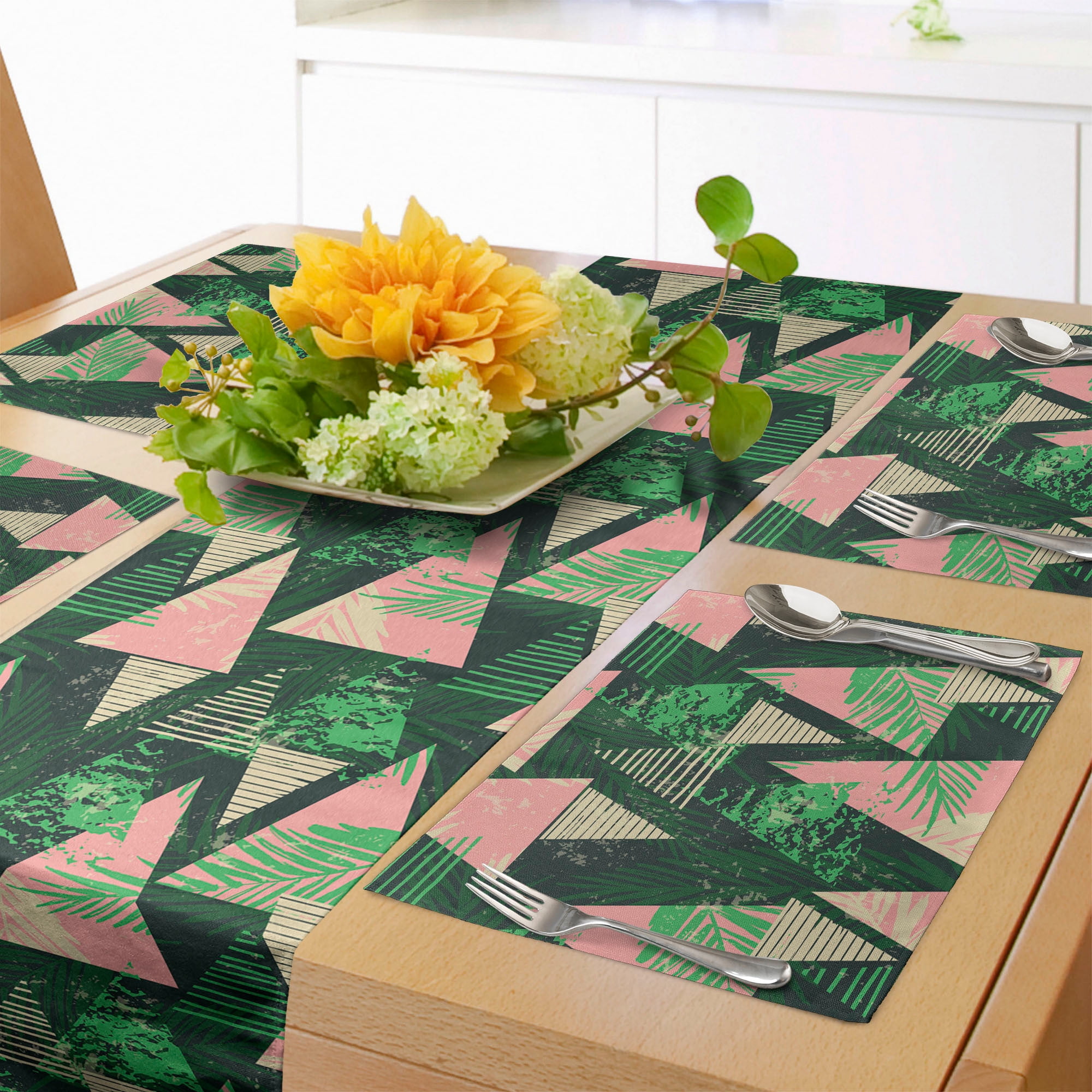 Ambesonne Grunge Table Runner & Placemats, Murky Leaves in Triangles ...