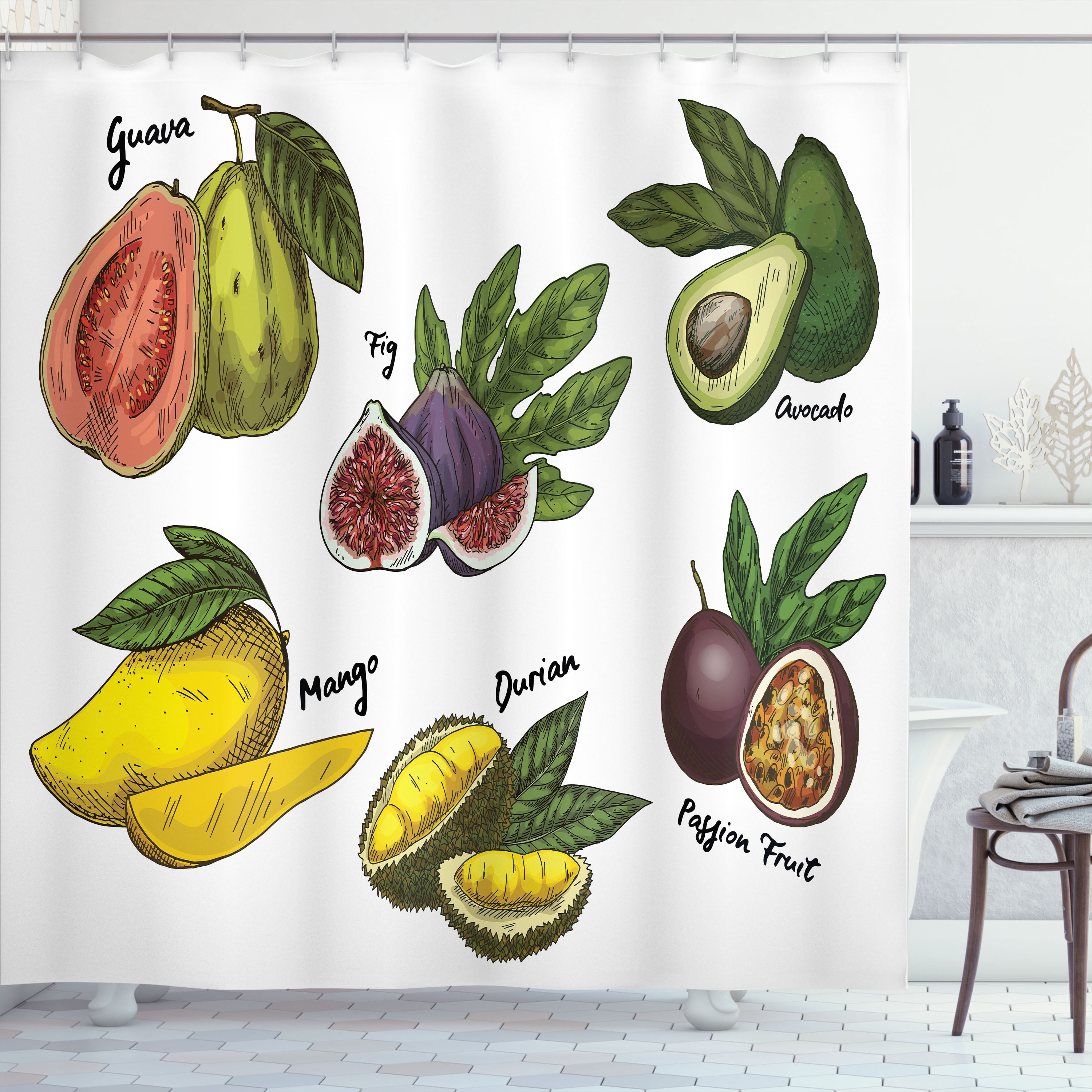 Ambesonne Guava Shower Curtain, Tropical Food Sketchy Drawn, 69"Wx84"L ...
