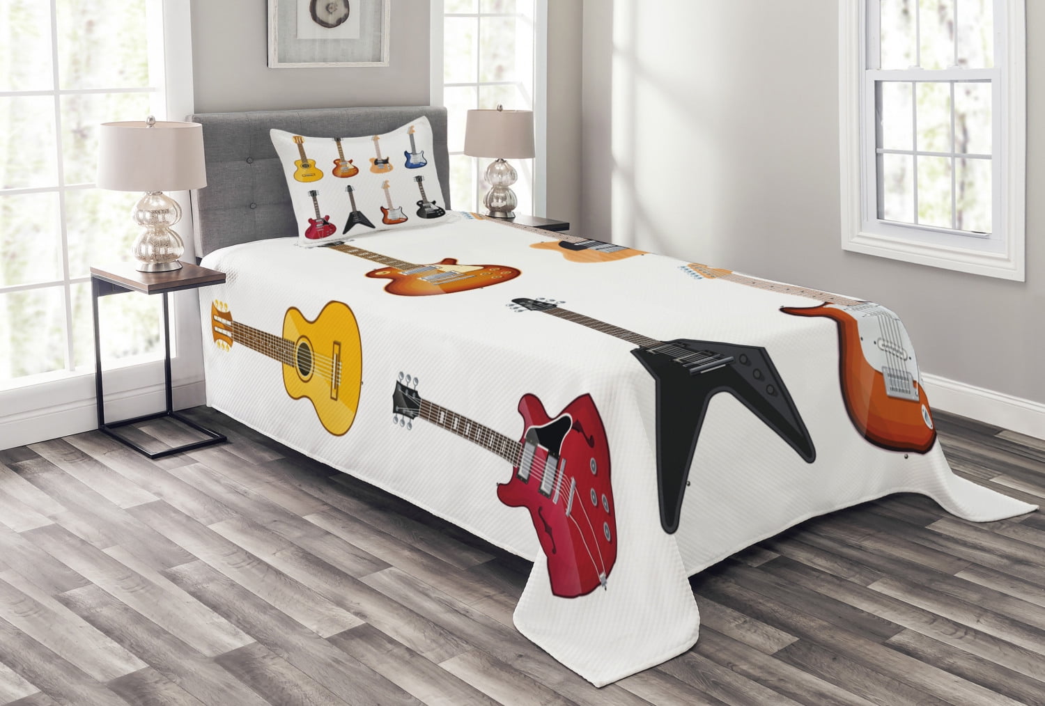 Ambesonne Guitar Quilted Bedspread Set 2 Pcs, String Instruments Jazz, Twin Size, Multicolor ...