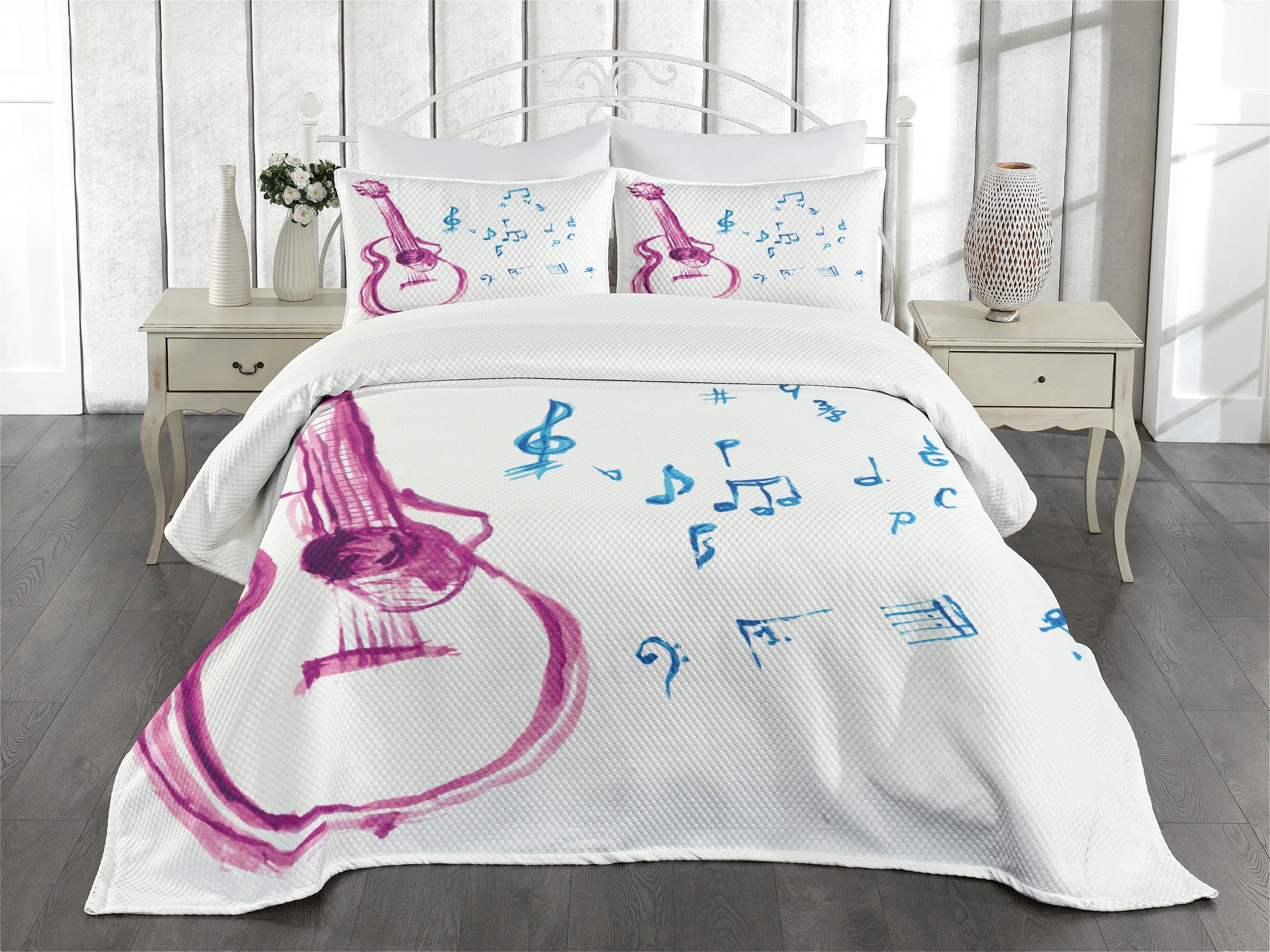 Ambesonne Guitar Quilted Bedspread Set 3 Pcs, Watercolor Music Making ...
