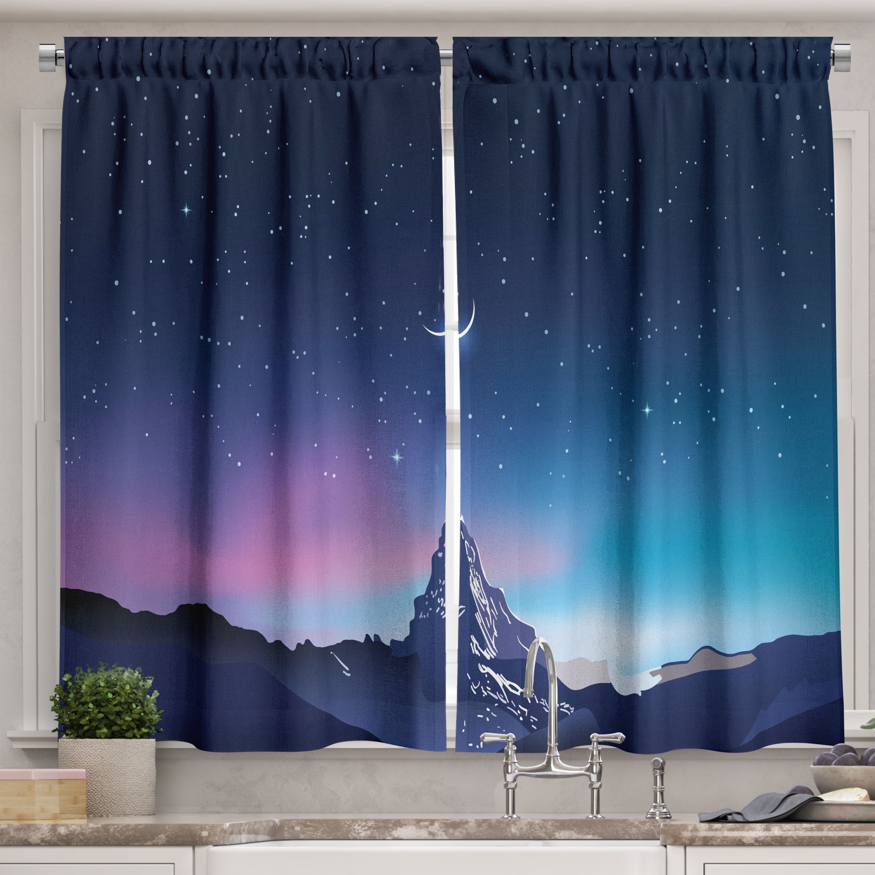 Ambesonne Half Moon Kitchen Curtains, Aurora Borealis Mountain, 55"x39 ...