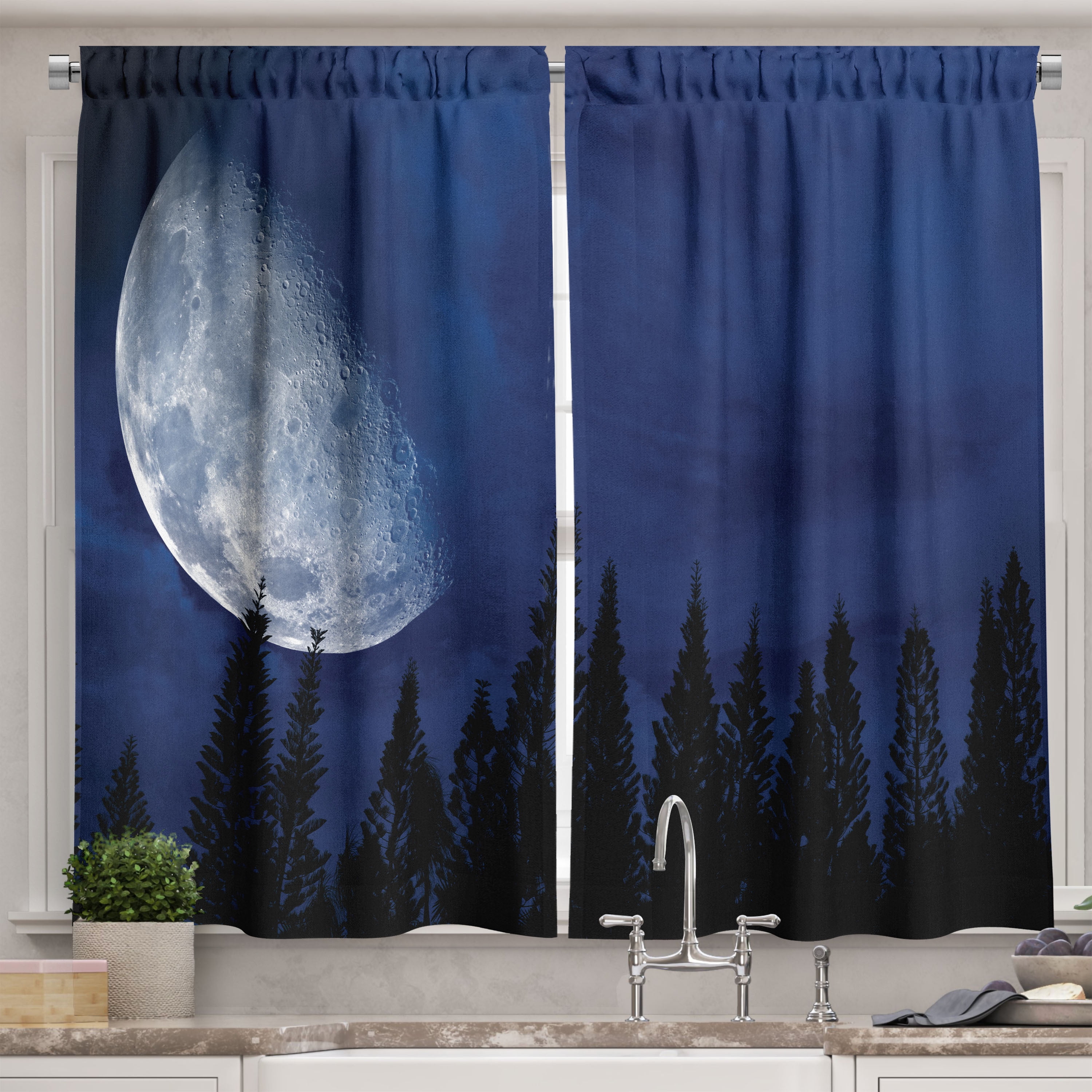 Ambesonne Half Moon Kitchen Curtains, Forest Night Silhouette, 55"x45 ...