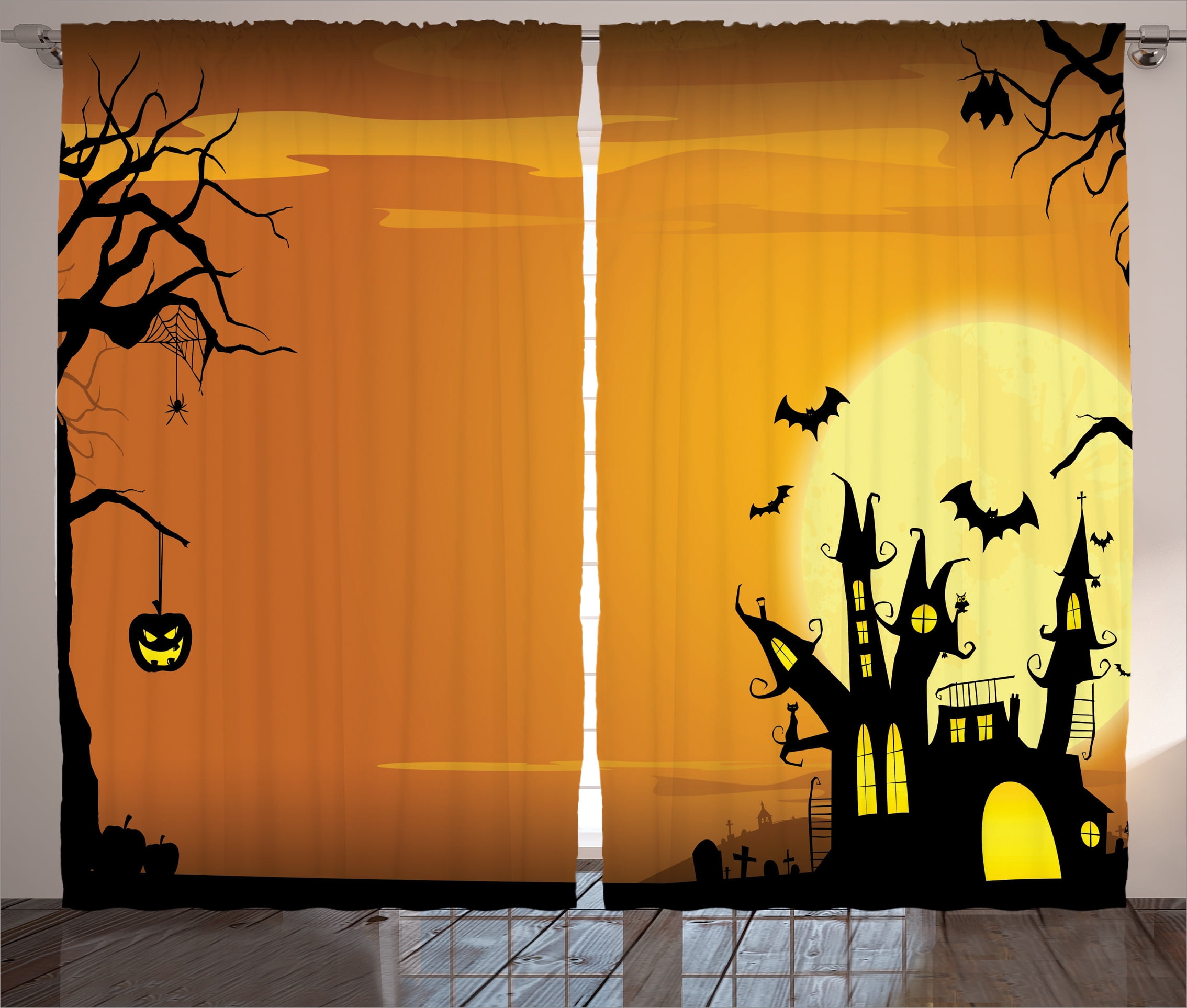 Ambesonne Halloween Curtains 2 Panel Set, Haunted House, 108" x 84 ...