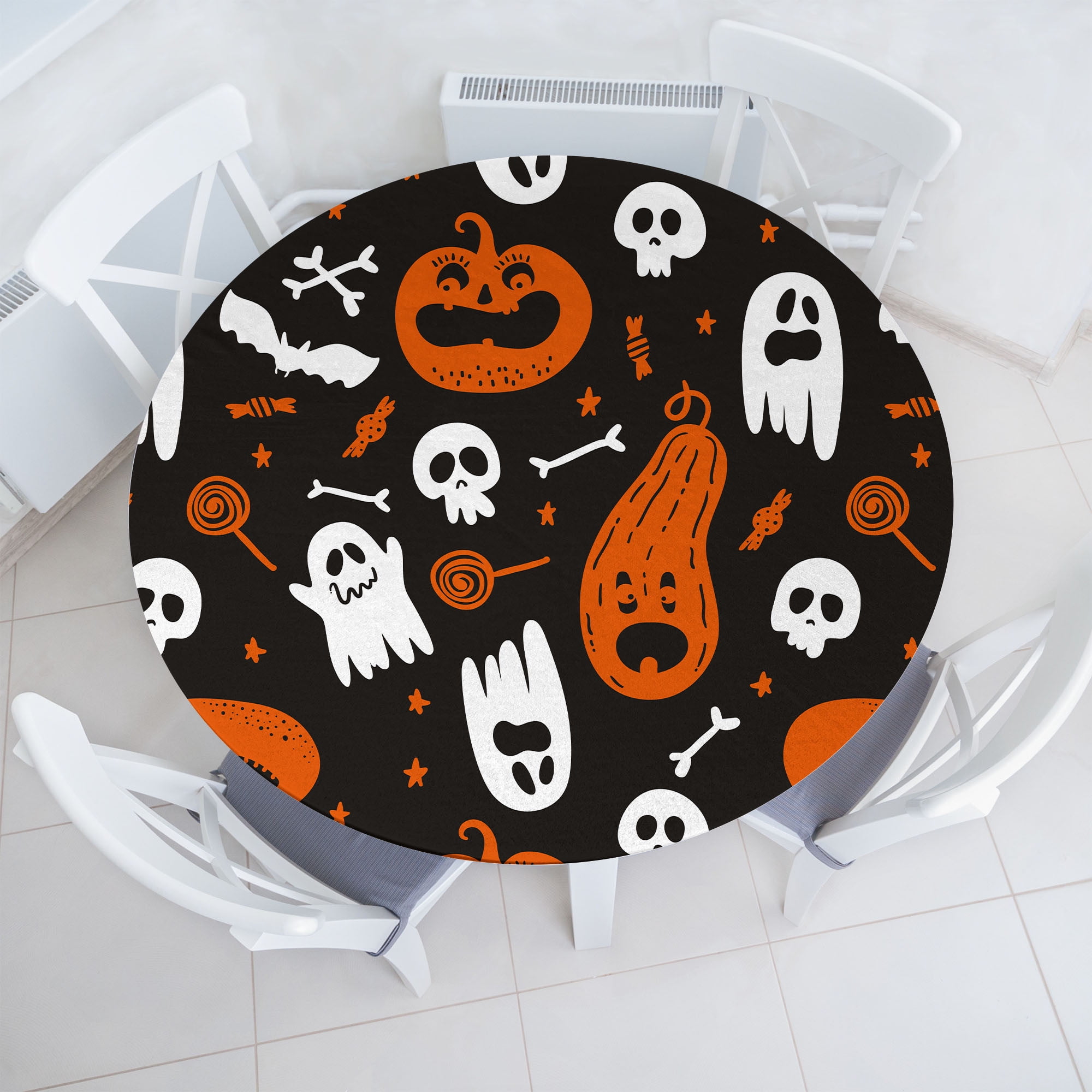 Ambesonne Halloween Fitted Round Tablecloth, Pumpkin Skull Ghost Print ...