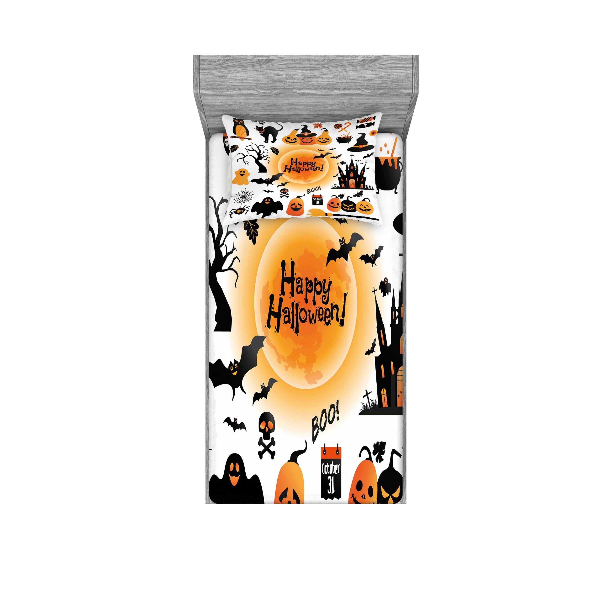 Ambesonne Halloween Fitted Sheet & Pillow Sham Set, Happy Ghost, Twinxl ...