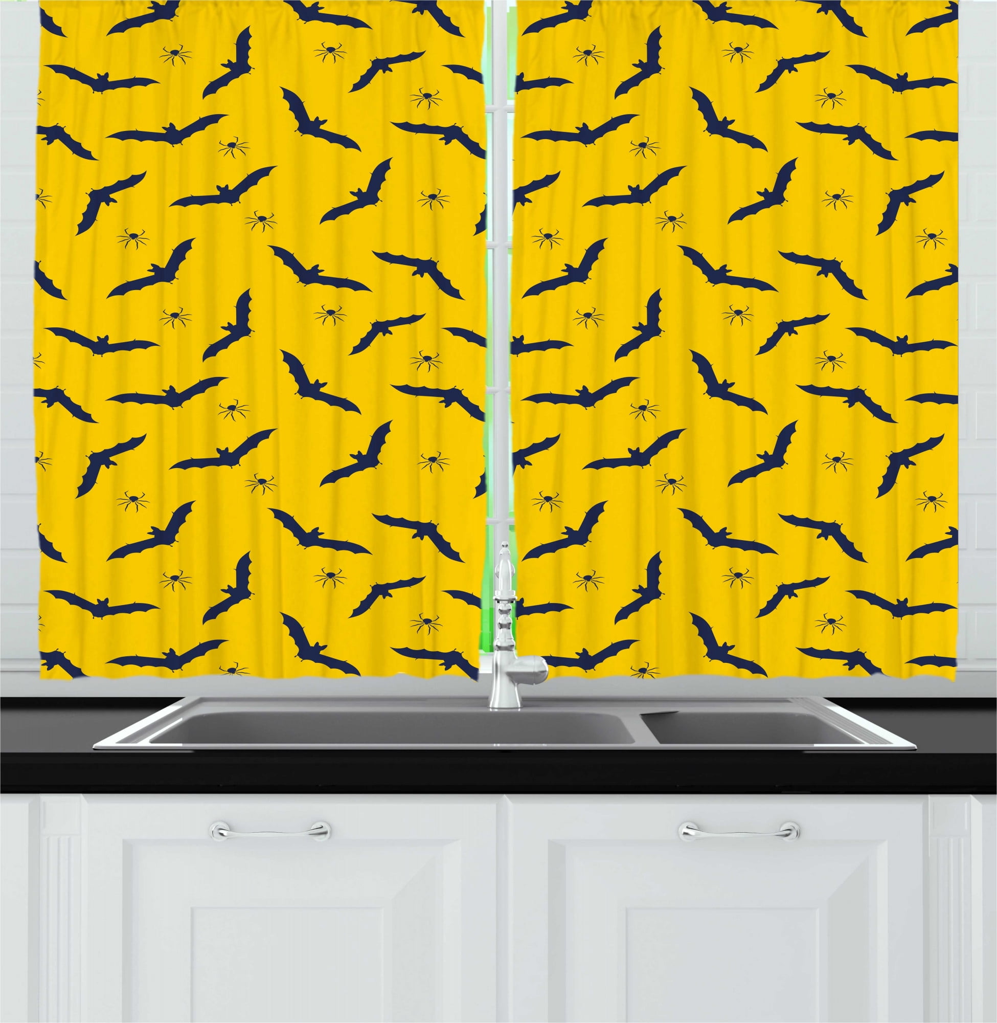Ambesonne Halloween Kitchen Curtains, Bat and Spider Patterns, 55"x45 ...