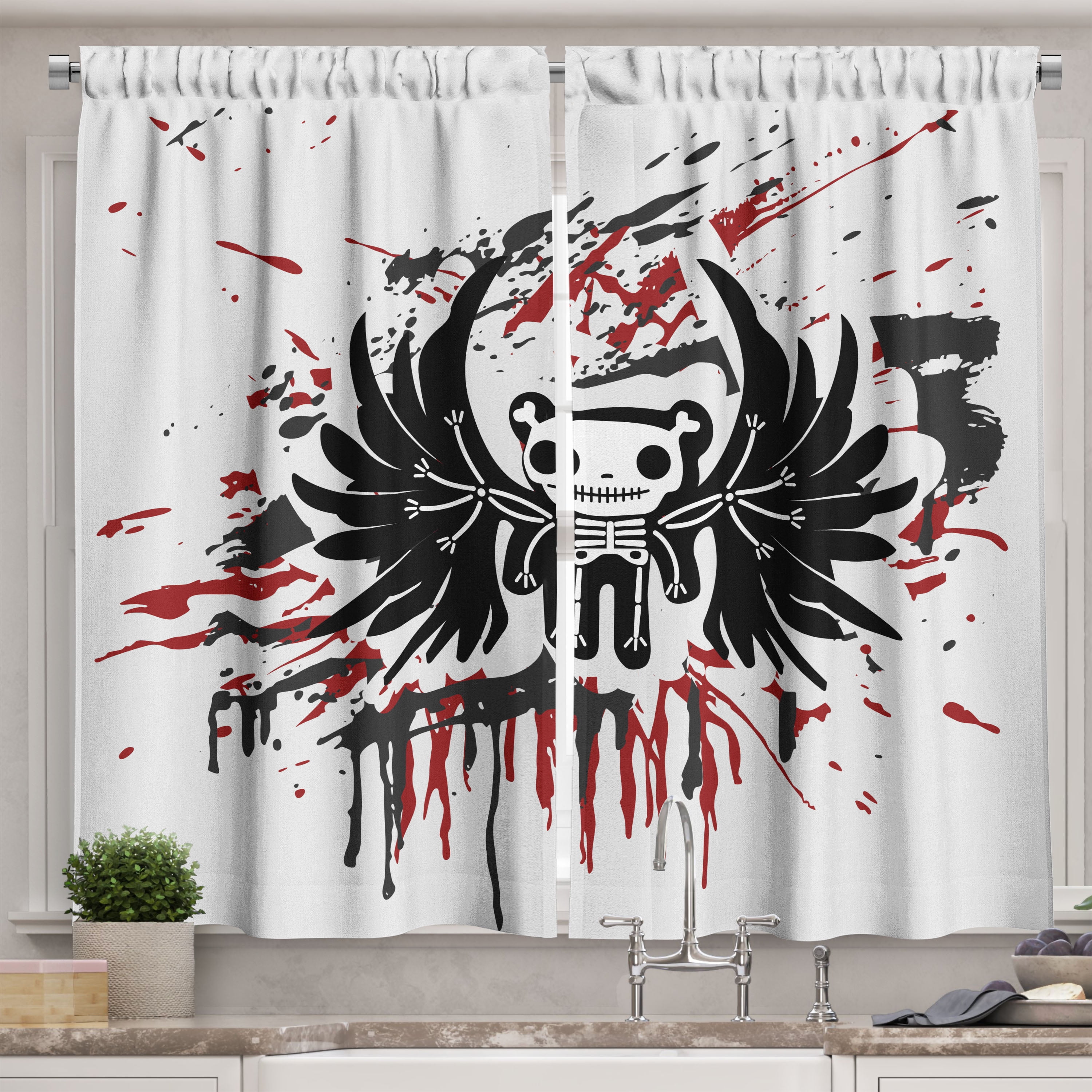 Ambesonne Halloween Kitchen Curtains, Comic Dead Skull Face, 55"x45 ...