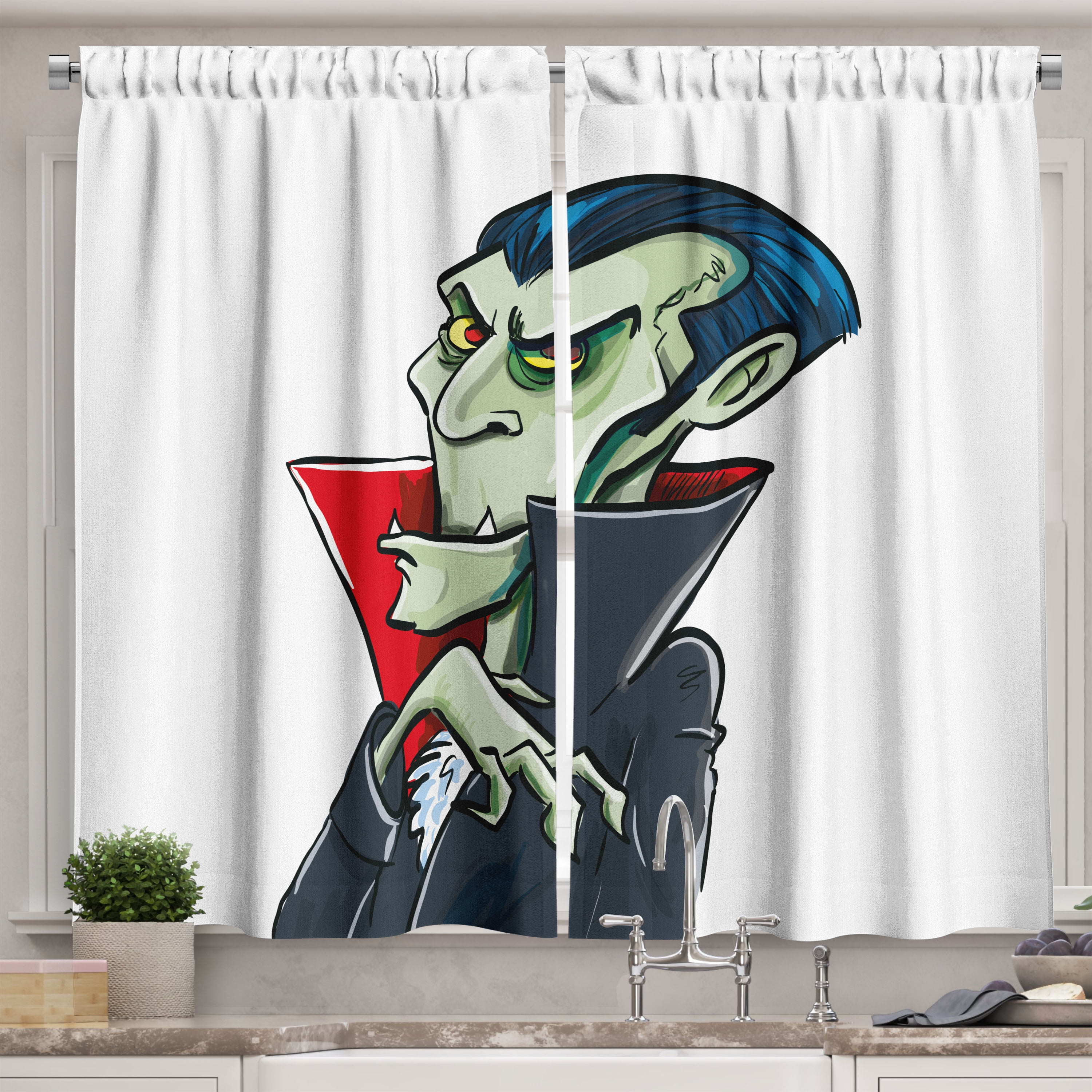 Ambesonne Halloween Kitchen Curtains, Vampire Dracula Cartoon, 55"x30 ...