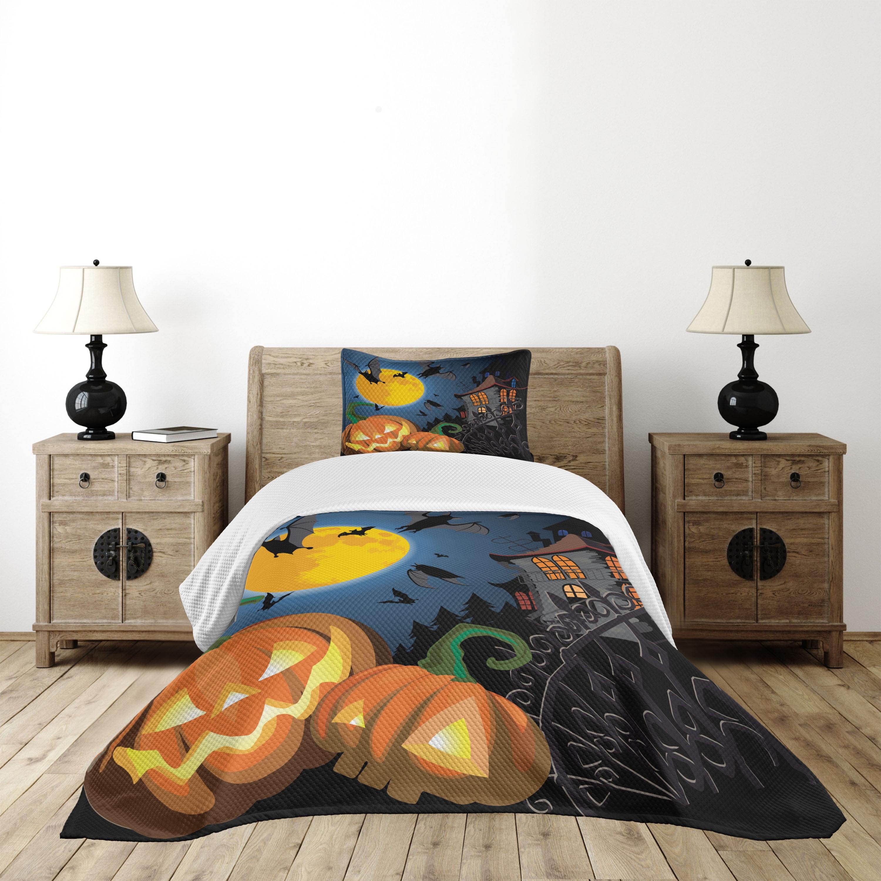 Ambesonne Halloween Quilted Bedspread Set 2 Pcs, Moon Pumpkin, Twin ...