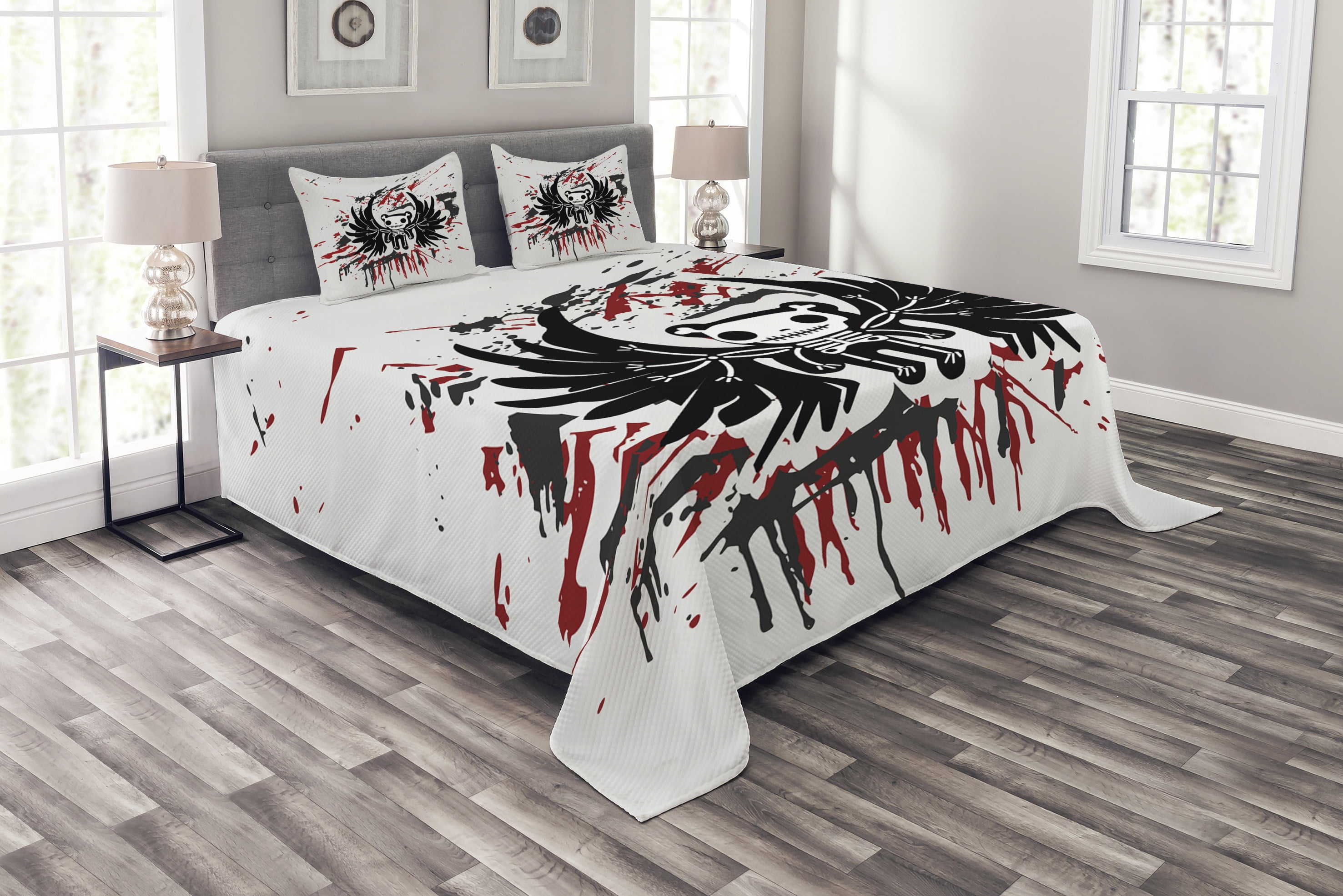 Ambesonne Halloween Quilted Bedspread Set 3 Pcs, Comic Dead Skull Face ...