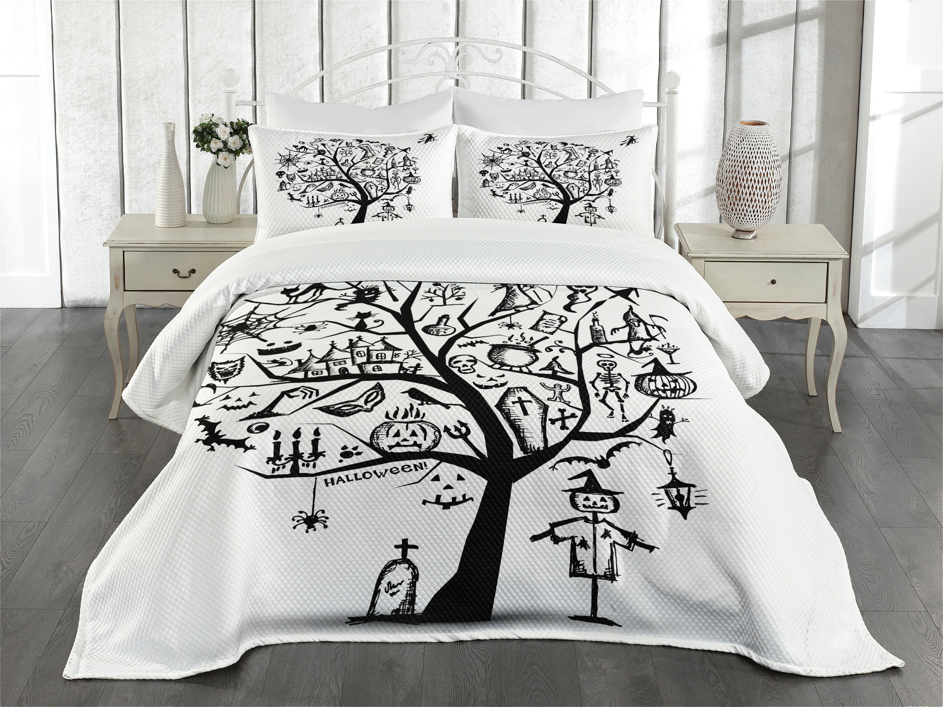 Ambesonne Halloween Quilted Bedspread Set 3 Pcs, Flying Witch, King ...