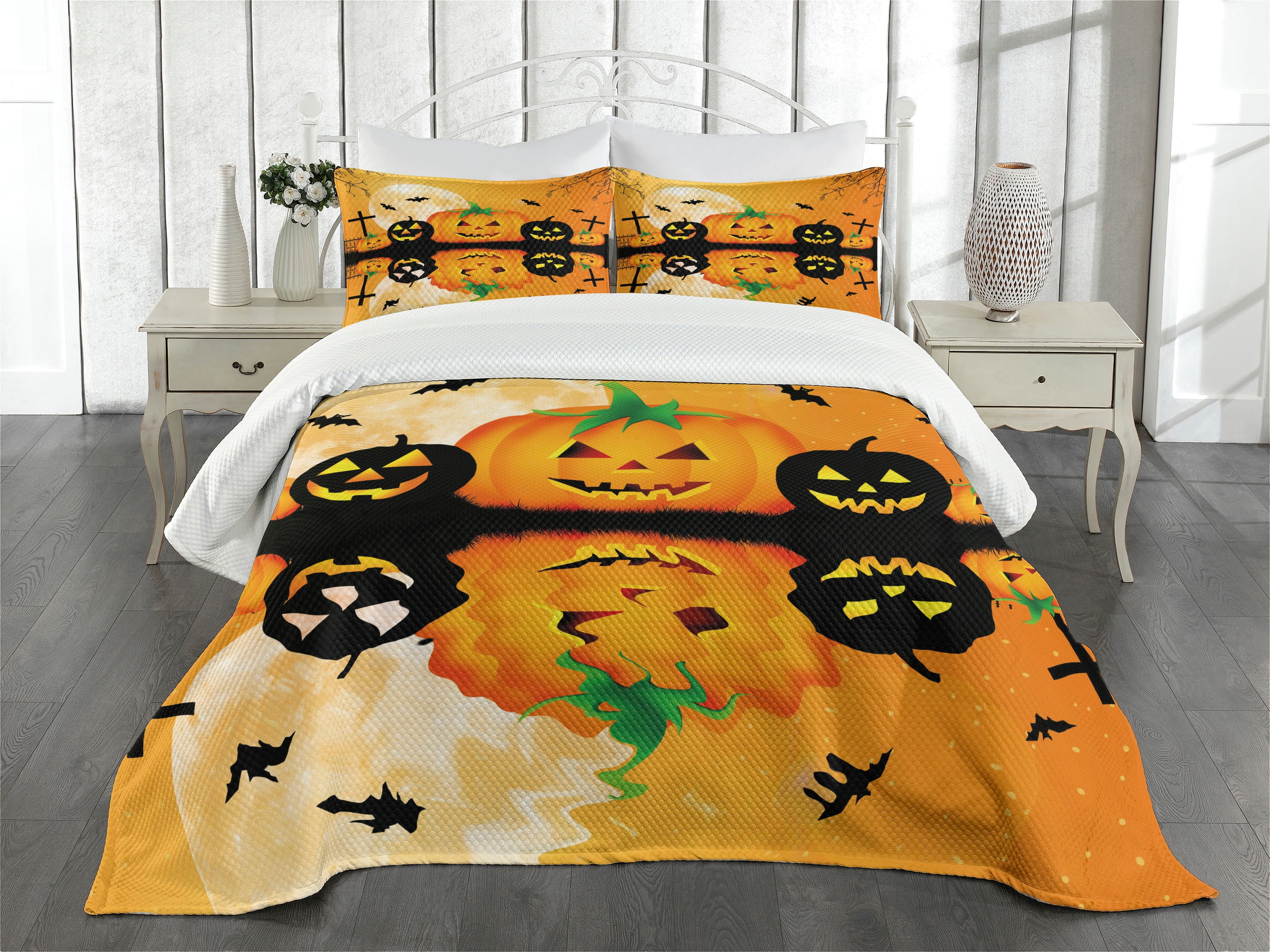 Ambesonne Halloween Quilted Bedspread Set 3 Pcs, Scary Pumpkin, Queen ...