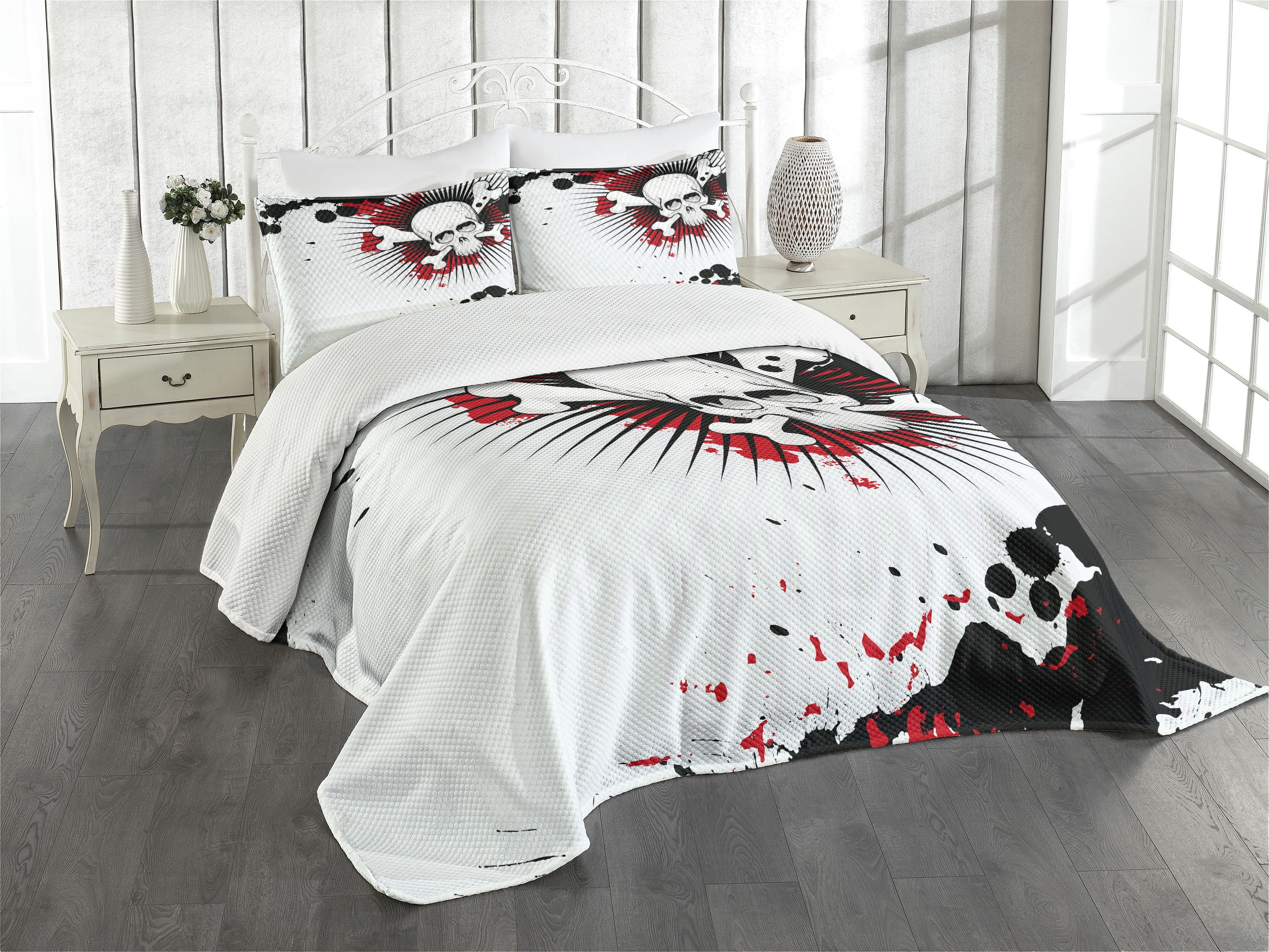 Ambesonne Halloween Quilted Bedspread Set 3 Pcs, Skull Bones Grunge ...