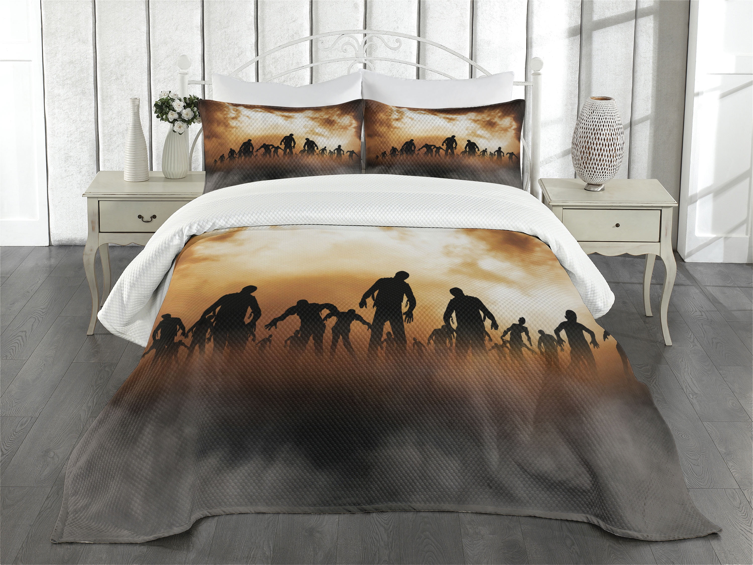 Ambesonne Halloween Quilted Bedspread Set 3 Pcs, Zombies Misty, Queen ...