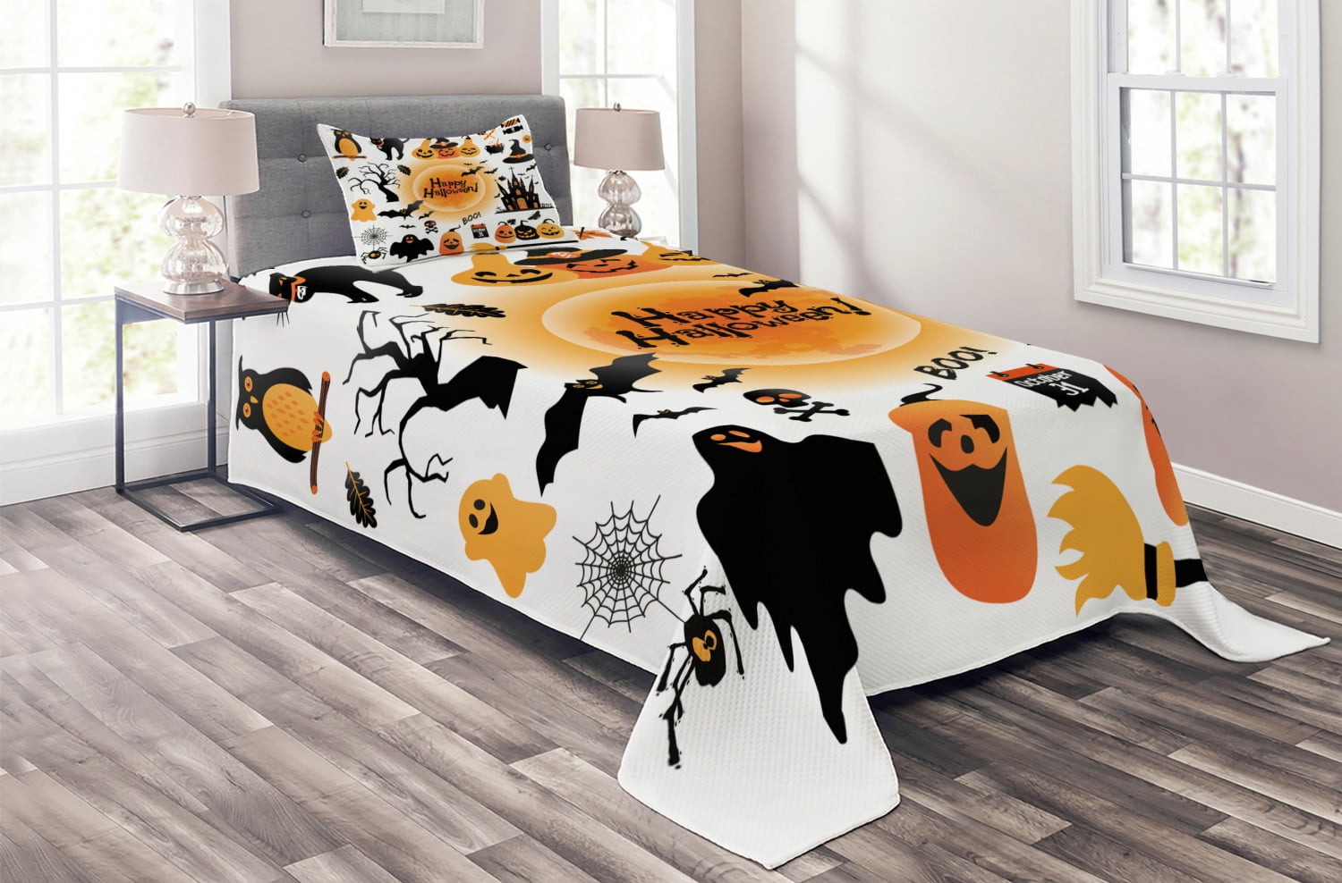 Ambesonne Halloween Quilted Coverlet 2 Pcs, Happy Ghost, Twin Size ...