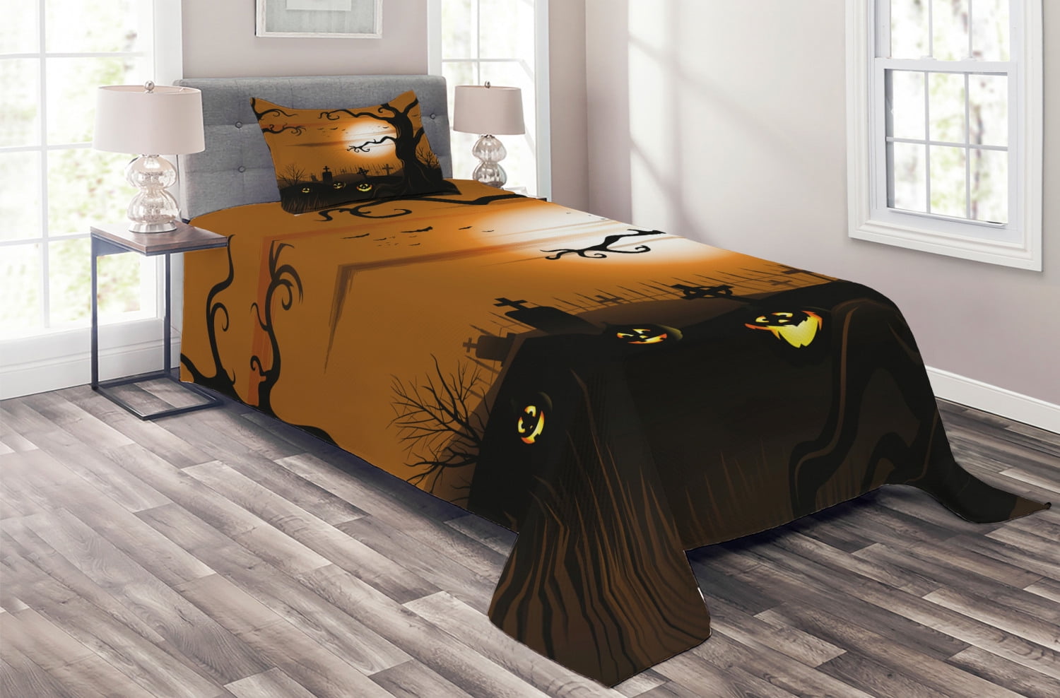 Ambesonne Halloween Quilted Coverlet 2 Pcs, Scary Cemetery, Twin Size ...