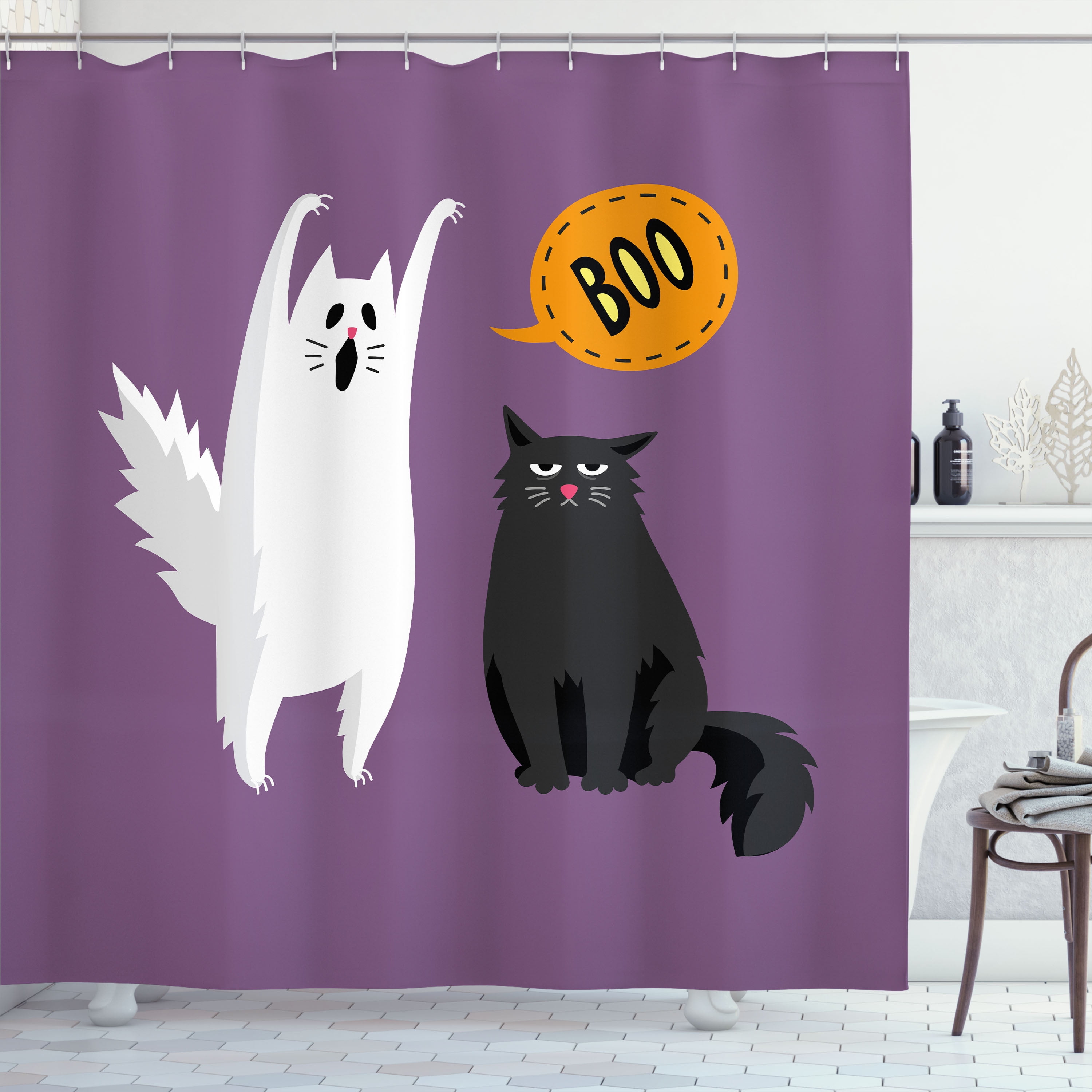 Ambesonne Halloween Shower Curtain, Funny Ghost Cat Says Boo, 69"Wx75"L ...
