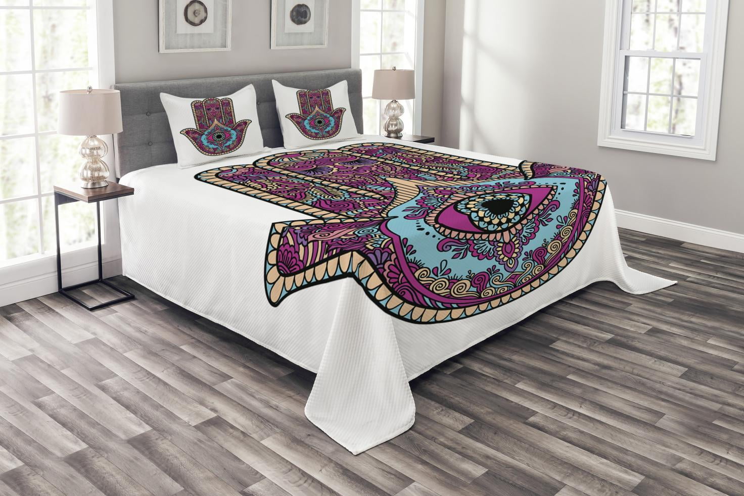Ambesonne Hamsa Quilted Bedspread Set 3 Pcs, Doodle Swirls Evil Eye ...