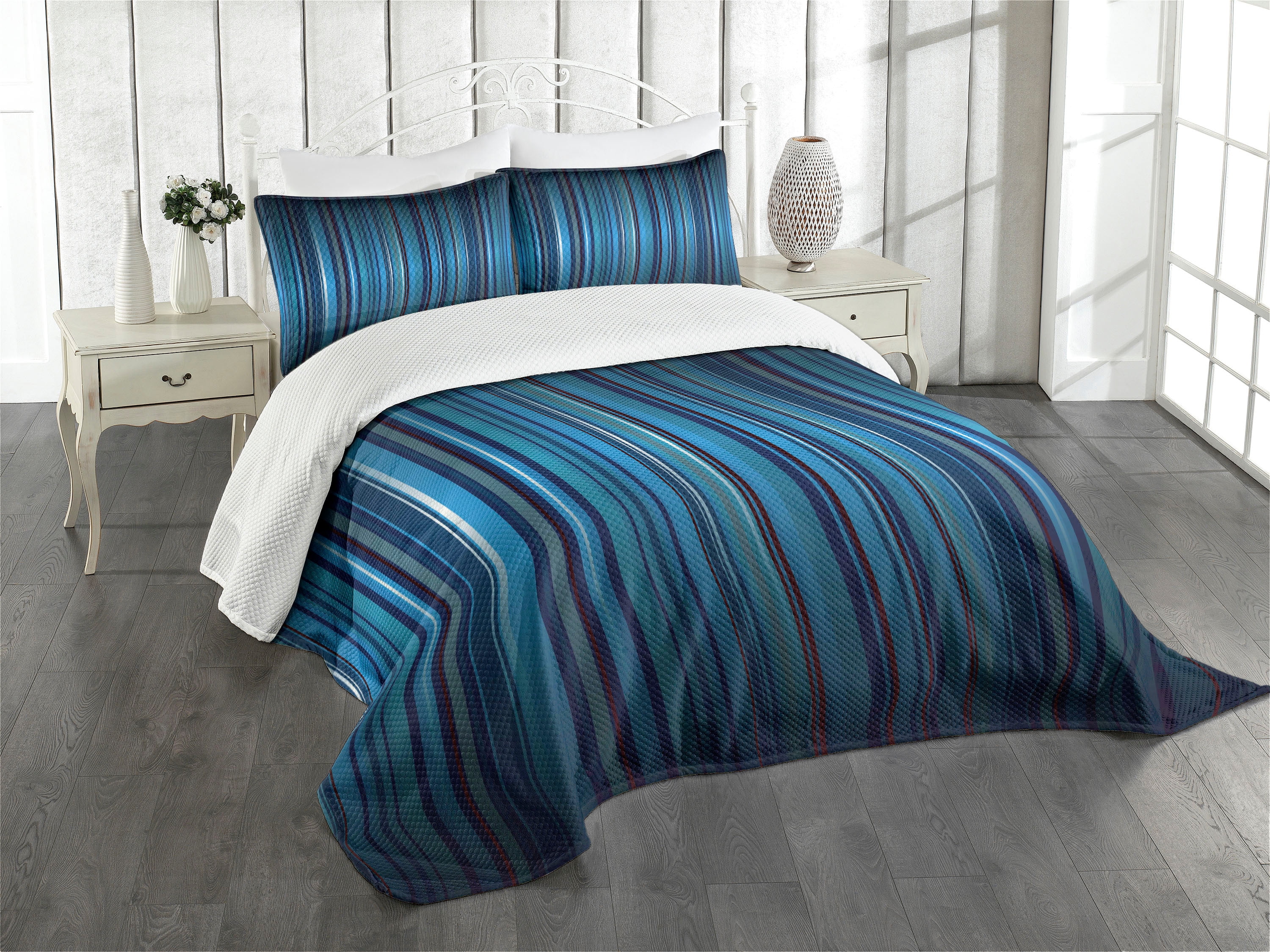 Ambesonne Harbour Stripe Quilted Bedspread Set 3 Pcs, Vibrant Blue ...