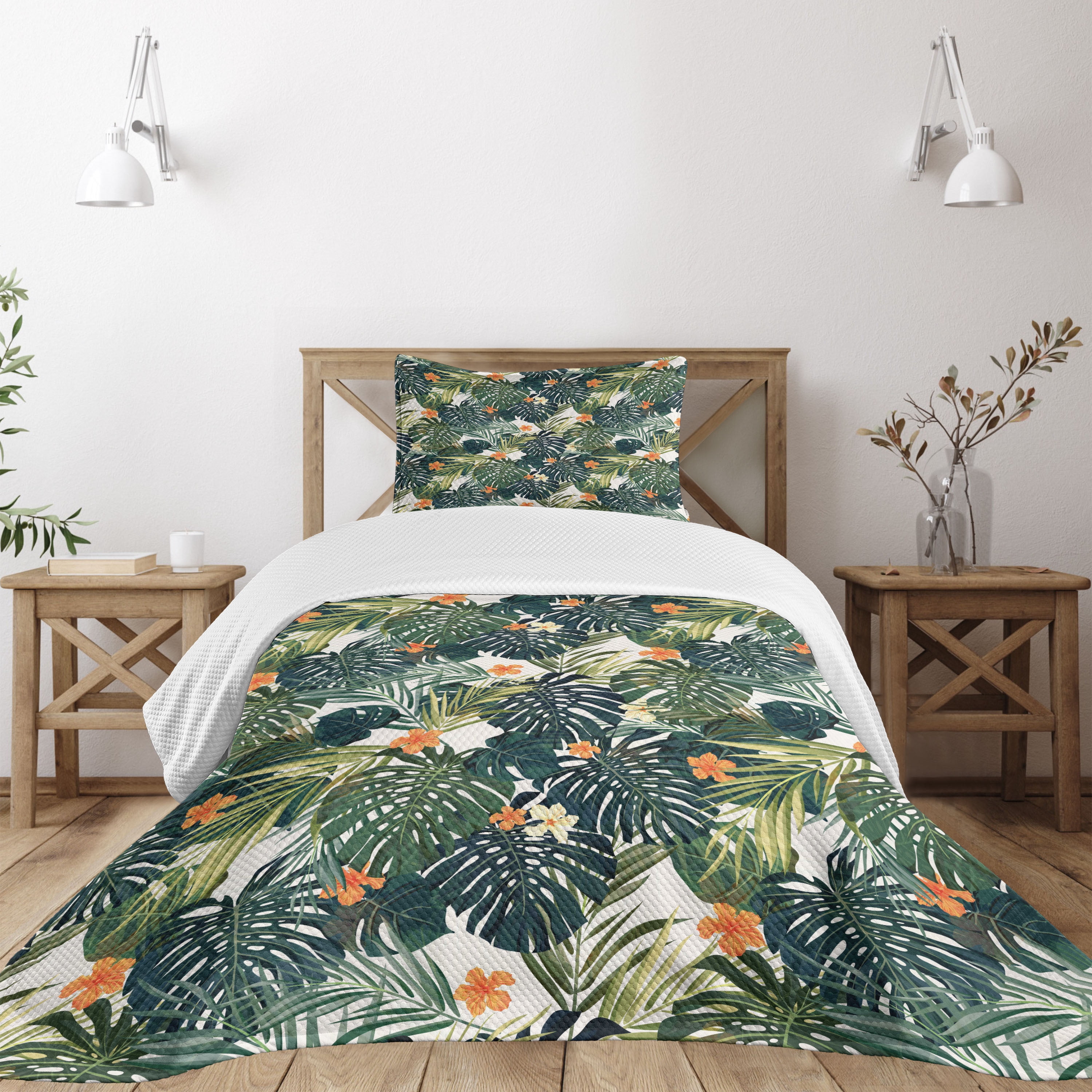 Ambesonne Hawaii Quilted Bedspread Set 2 Pcs, Colorful Polynesia Plant ...