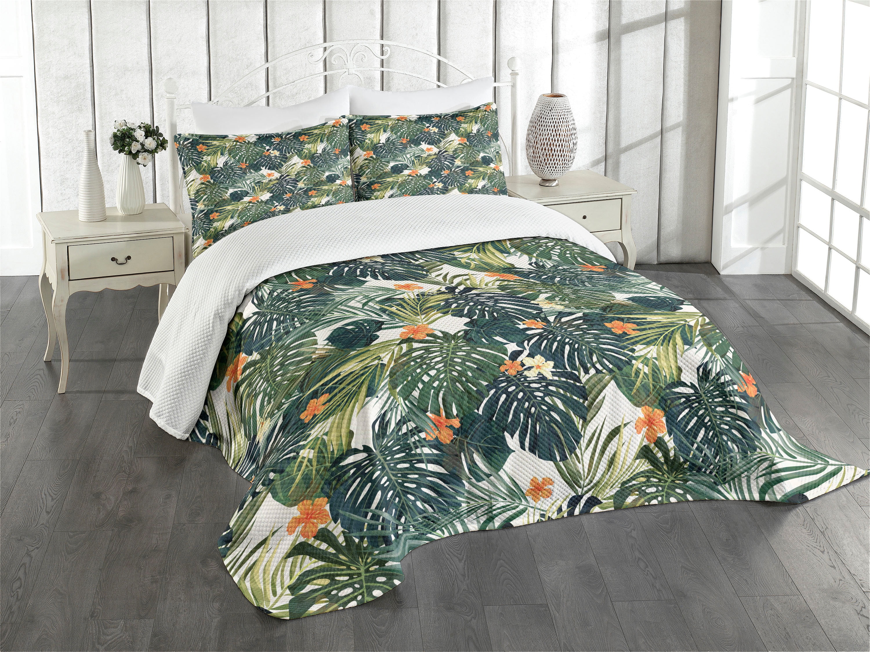 Ambesonne Hawaii Quilted Bedspread Set 3 Pcs, Colorful Polynesia Plant ...