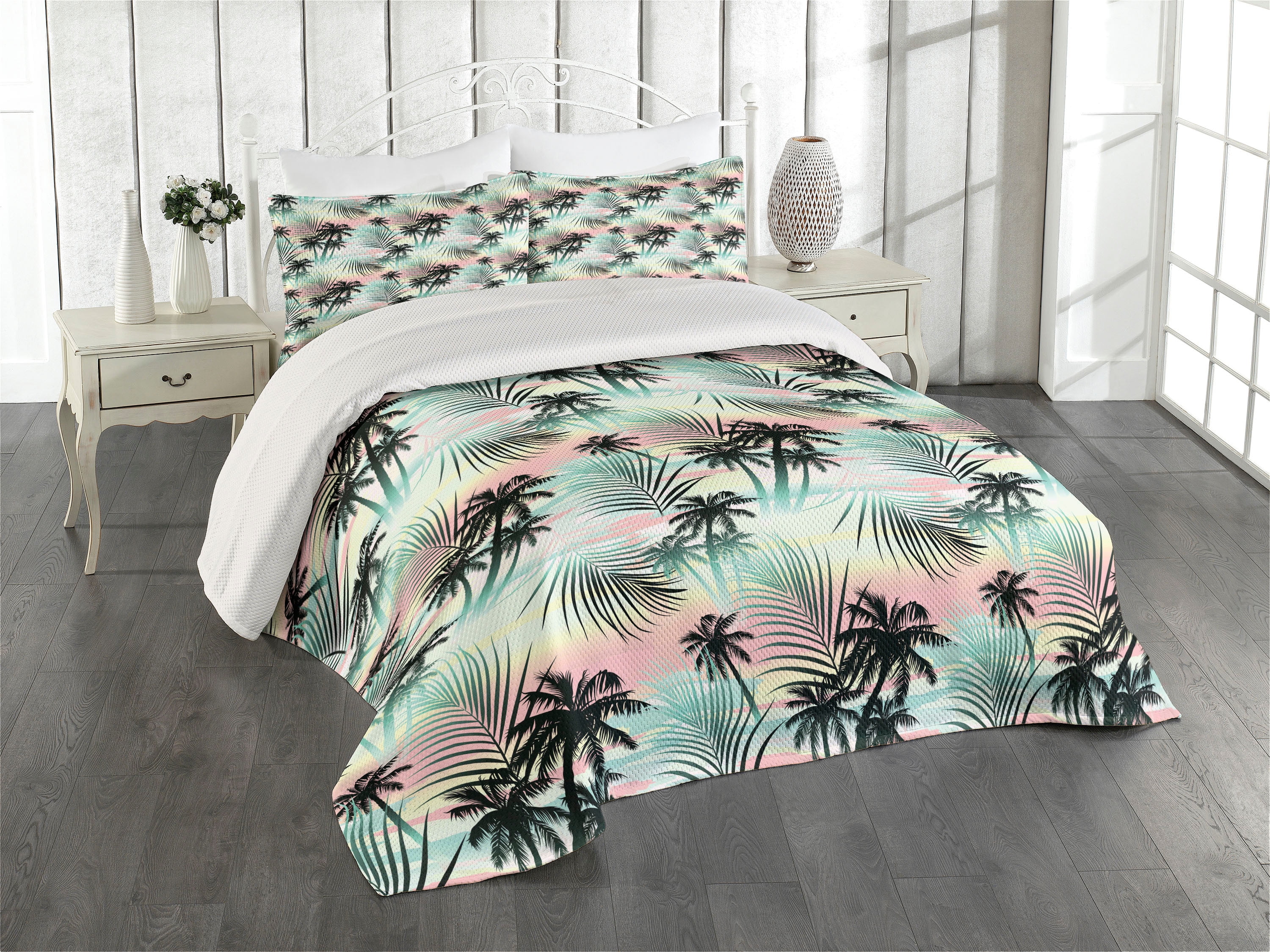 Ambesonne Hawaii Quilted Coverlet 3 Pcs, Summer Palm Trees Fern, King ...