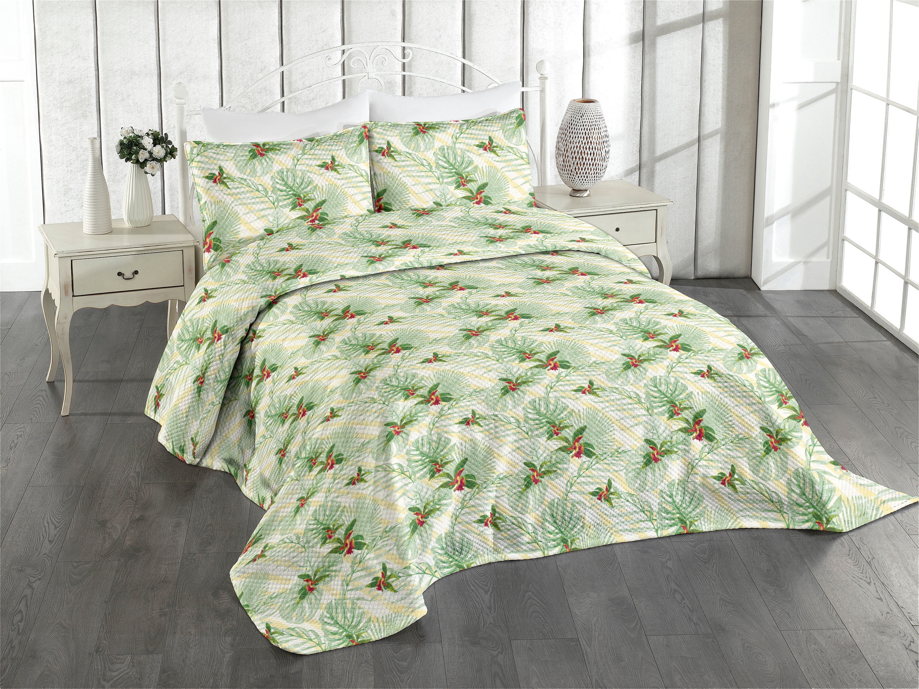 Ambesonne Hawaiian Quilted Coverlet 2 Pcs, Tropical Jungle Art Orchid ...