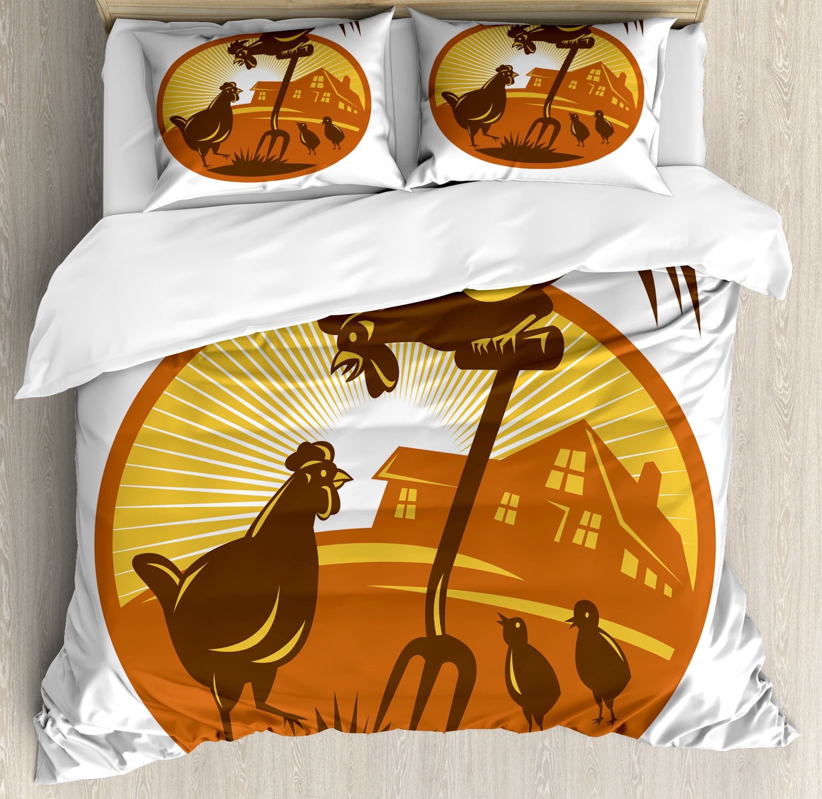 Ambesonne Hen and Chicks Duvet Cover Sets, Retro Countryside, 2-Queen ...