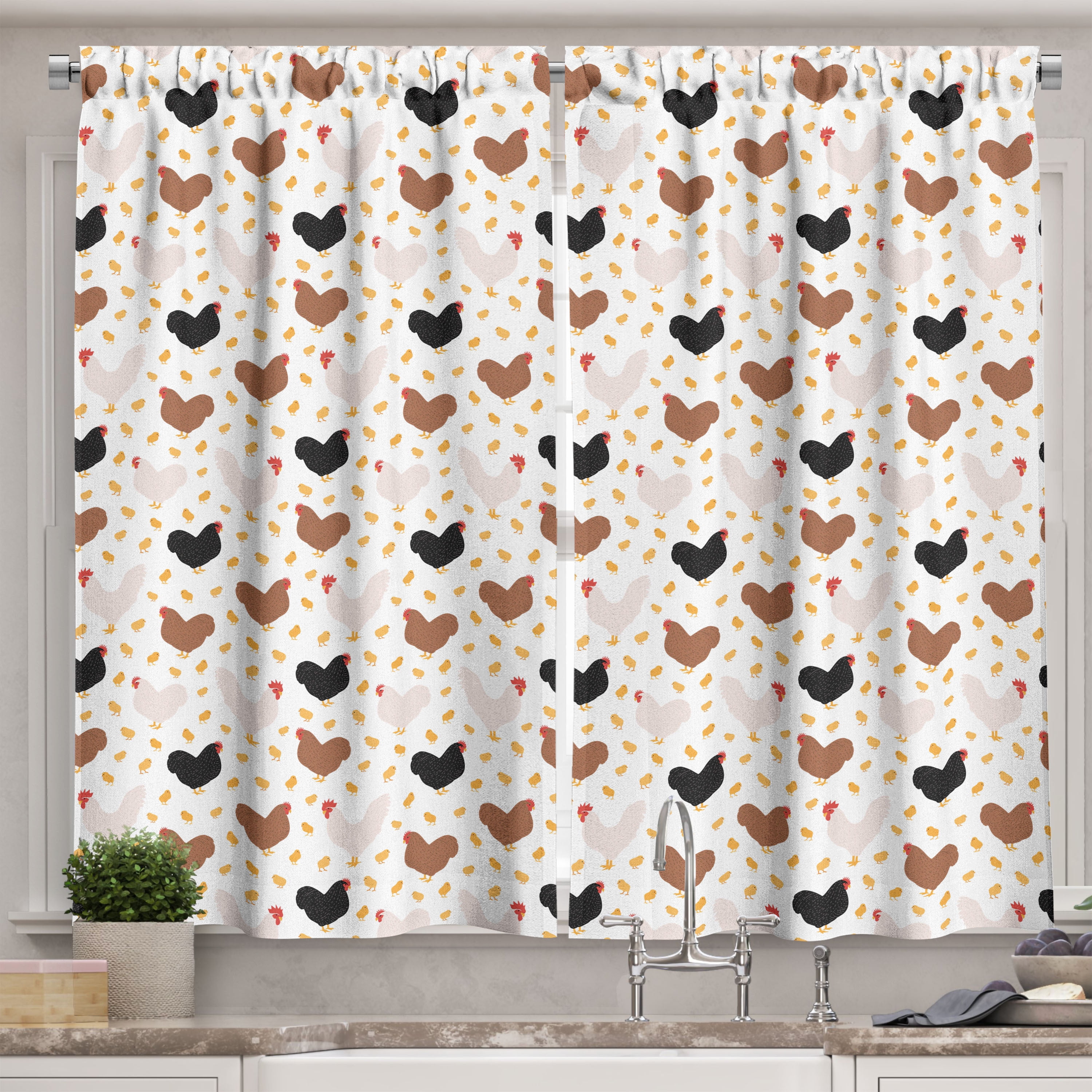 Ambesonne Hen and Chicks Kitchen Curtains, Domestic Birds, 55"x24 ...