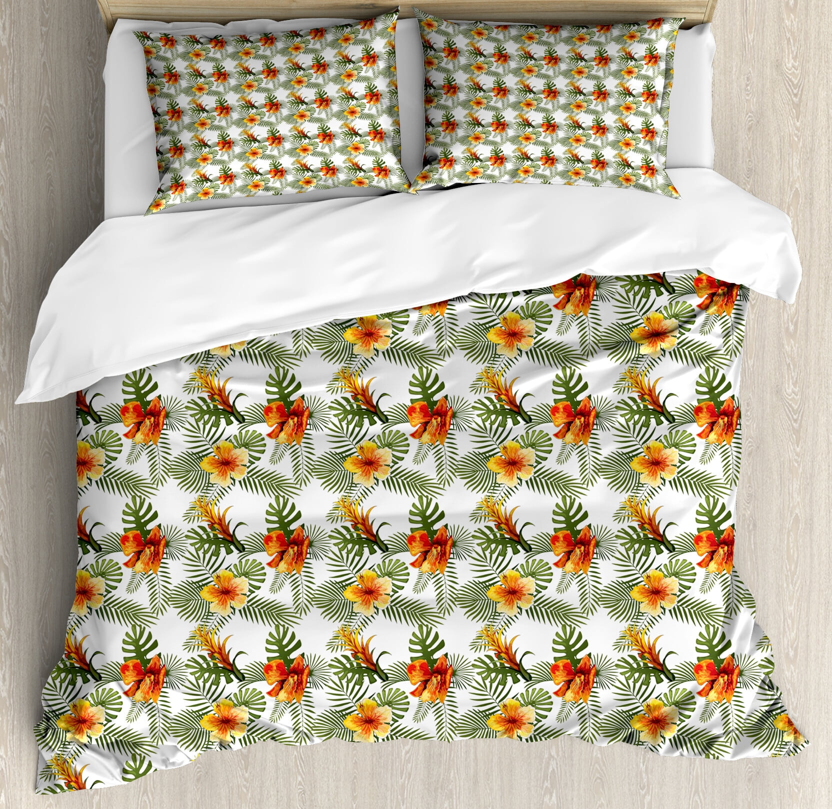 Ambesonne Hibiscus Duvet Cover Sets, Simple Floral Palm Leaves, 2-King ...