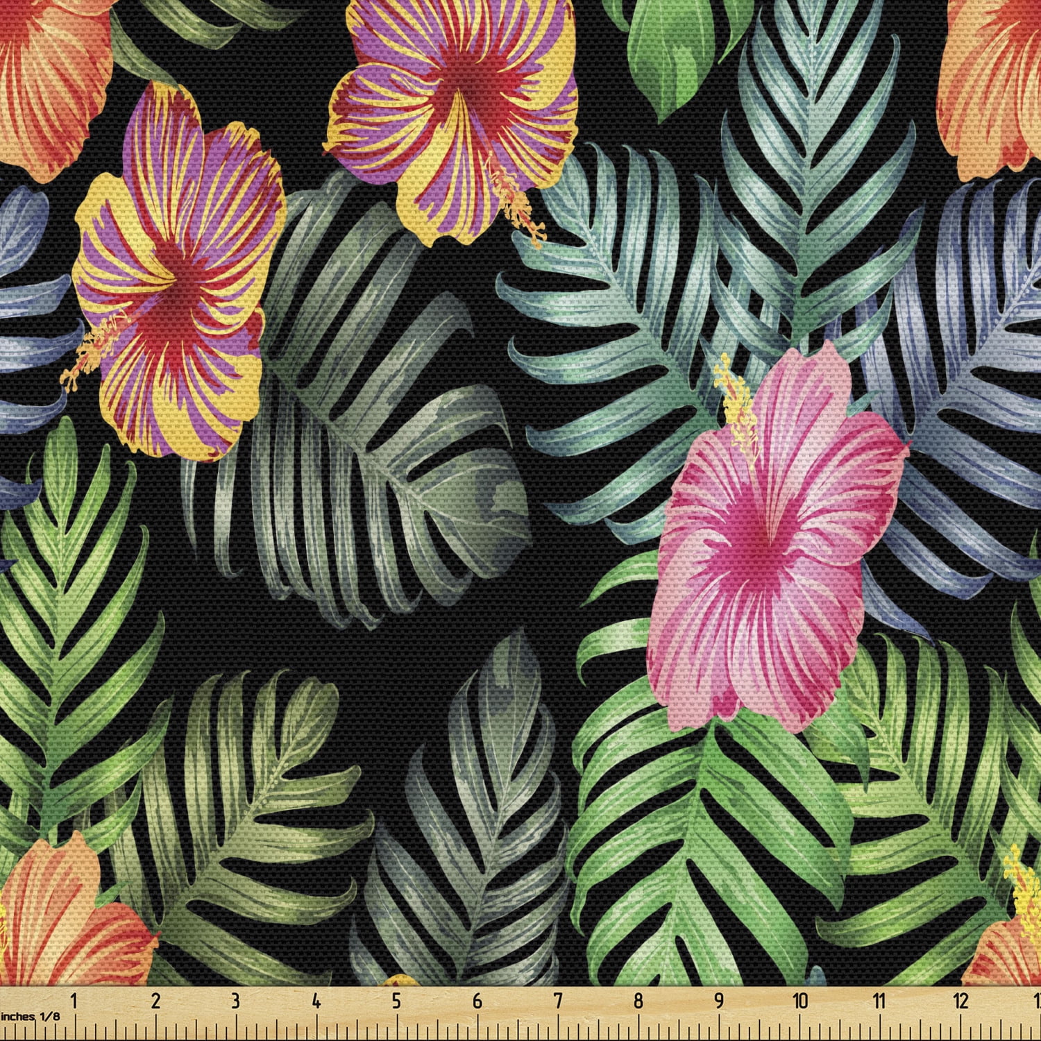 Ambesonne Hibiscus Fabric by the Yard Upholstery, Palm Tree and Flowers ...