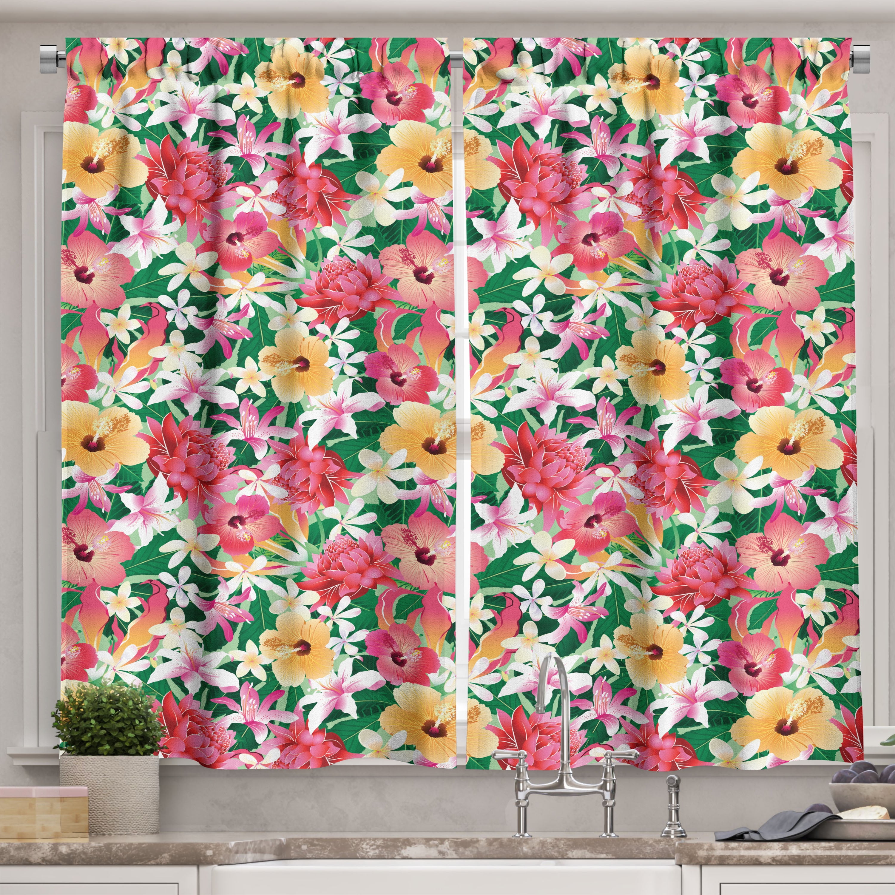 Ambesonne Hibiscus Kitchen Curtains, Colorful Tropical Blossom, 55"x45 ...