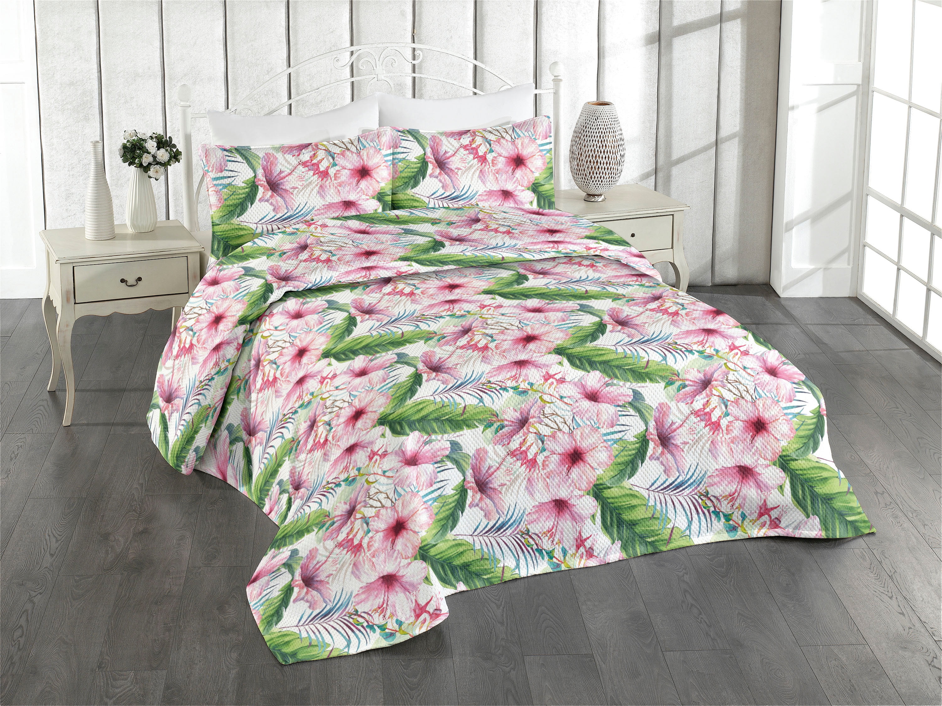 Ambesonne Hibiscus Quilted Bedspread Set 3 Pcs, Exotics Feel Flowers ...