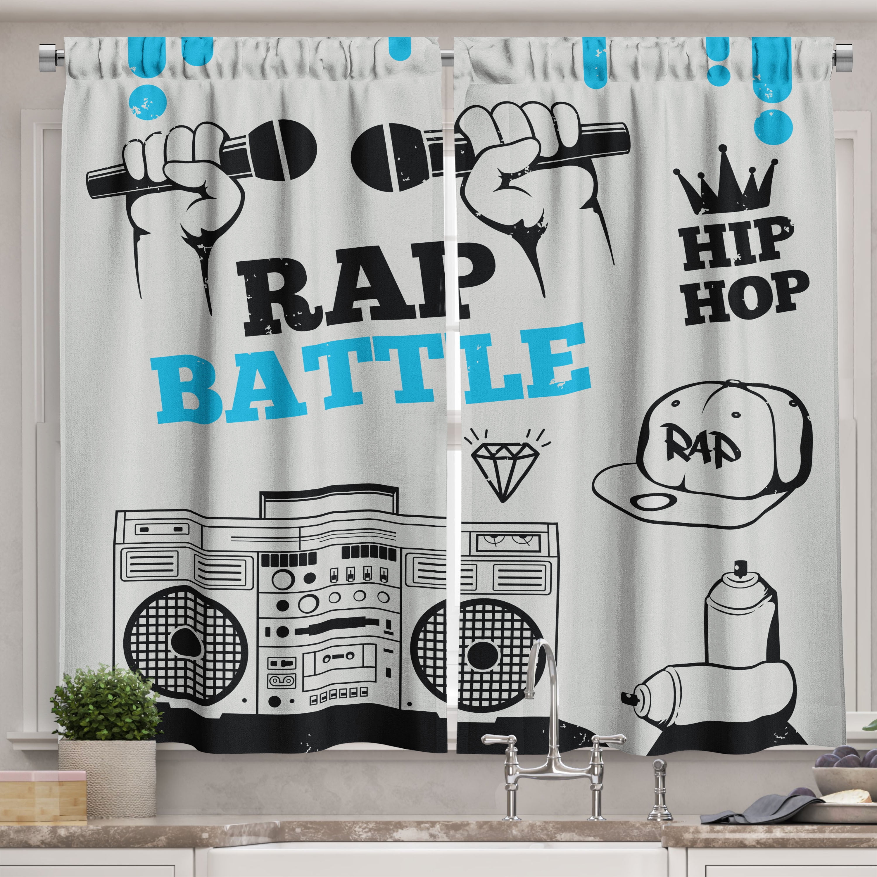 Ambesonne Hip Hop Kitchen Curtains, Freestyle Rap Duel, 55"x45", Azure ...