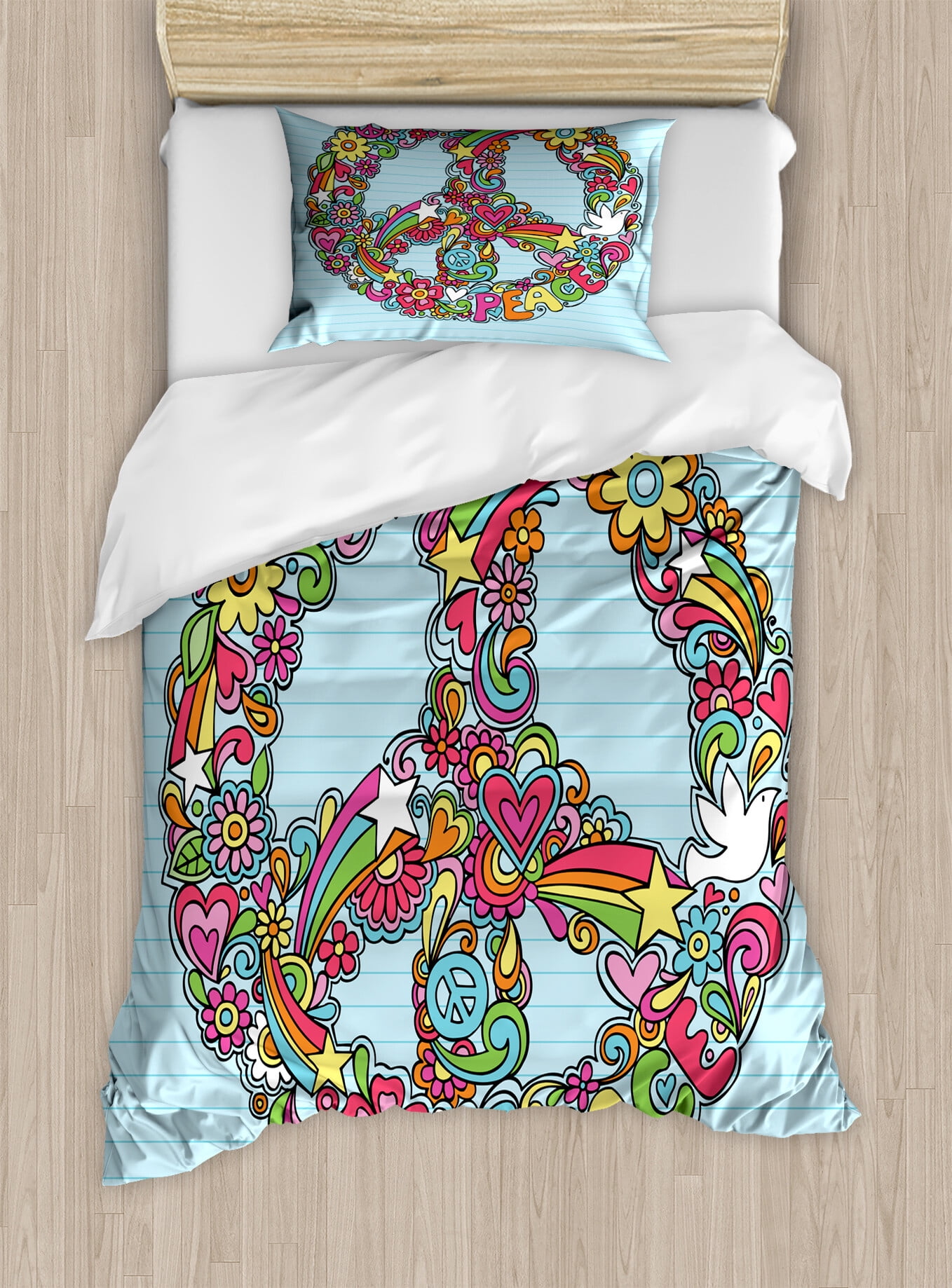 Ambesonne Hippie Duvet Cover Set, Floral Peace Sign Dove, Twin ...