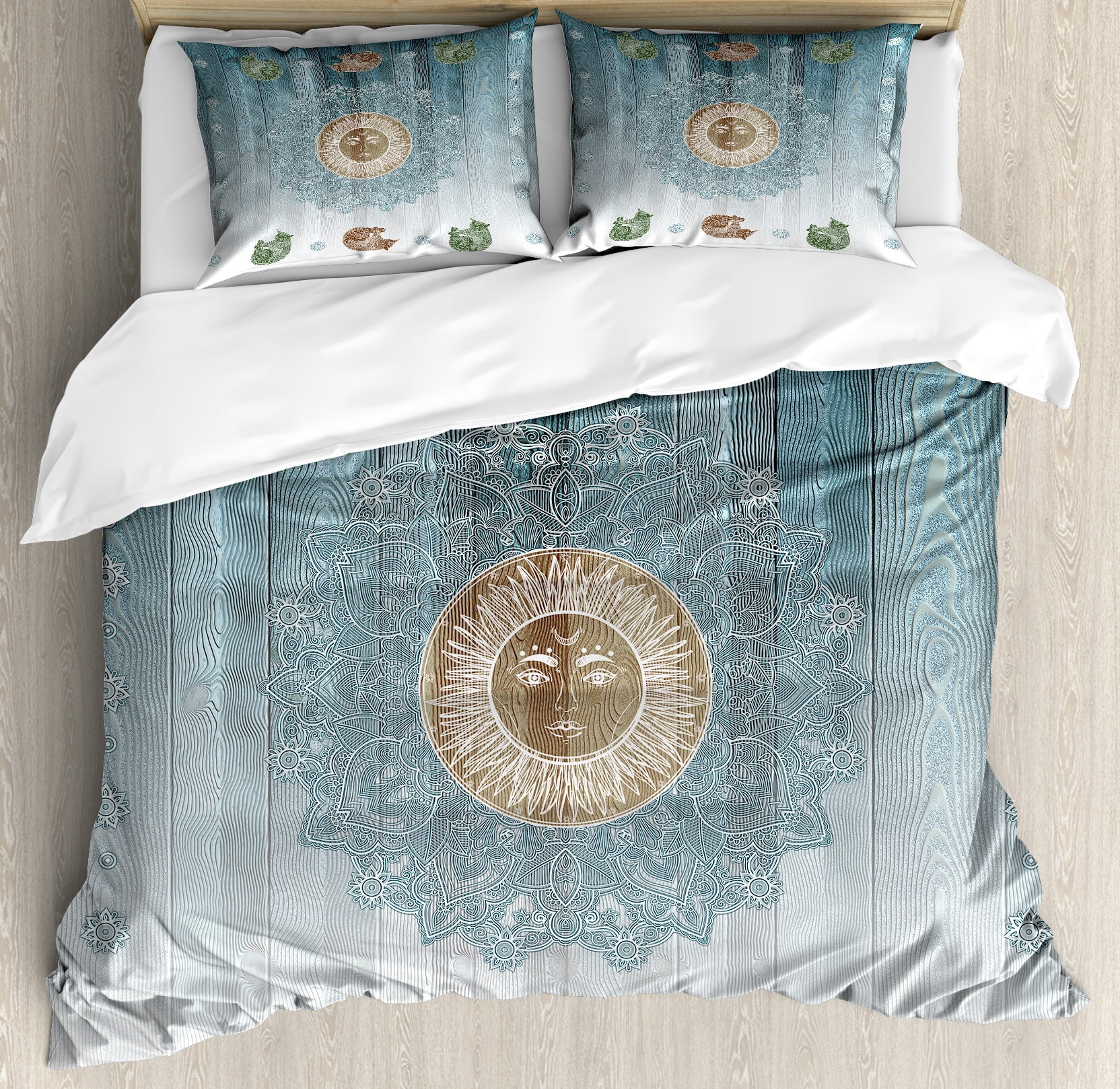 Ambesonne Hippie Duvet Cover Set, Totems Bohemian Sun Cats, Queen, Pale ...