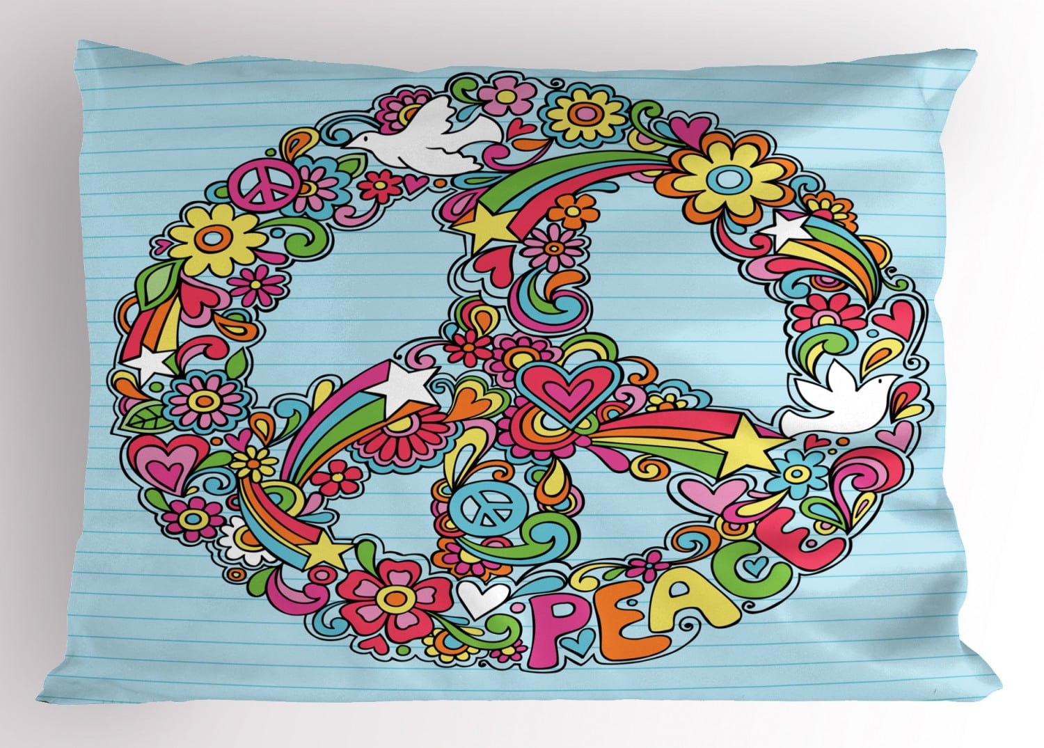 Ambesonne Hippie Pillow Sham, Floral Peace Sign Dove, 26" X 20 ...
