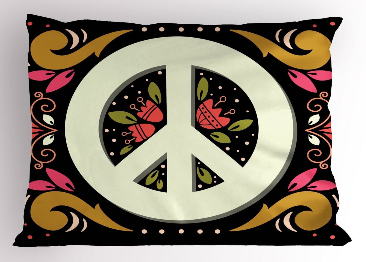 Ambesonne Hippie Pillow Sham, Peace Sign with Flowers, 26" X 20 ...