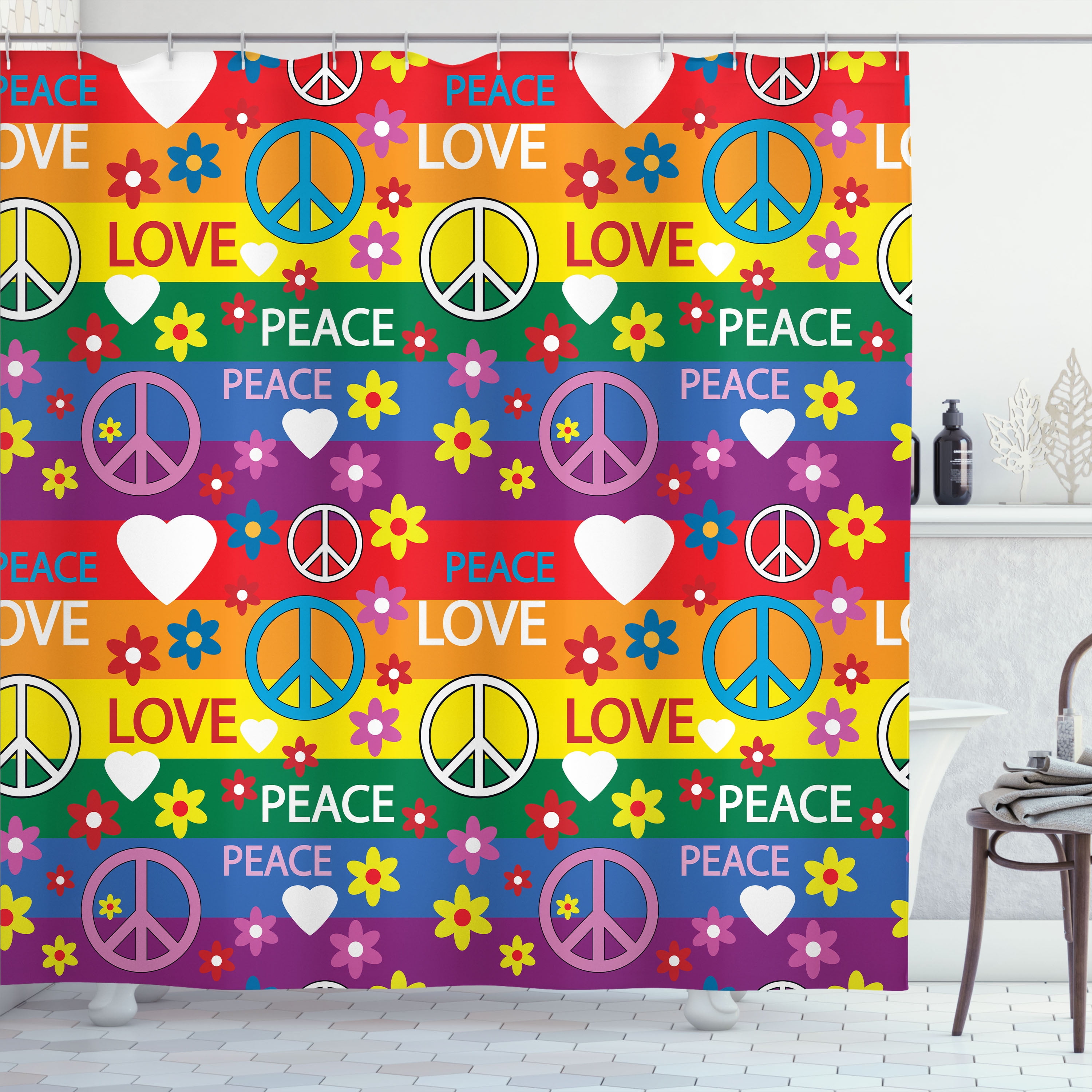 Ambesonne Hippie Shower Curtain, Heart Peace, 69"Wx75"L, Multicolor ...