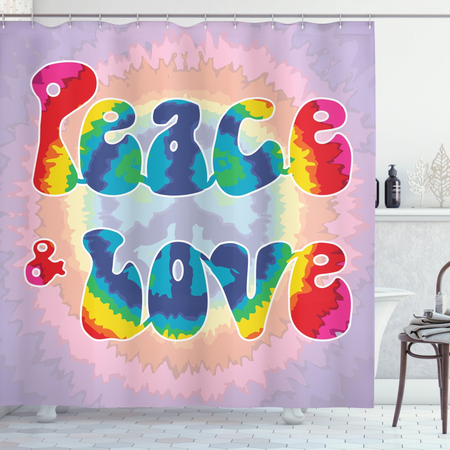 Ambesonne Hippie Shower Curtain, Peace Love Tie Dye Effect, 69"Wx70"L ...