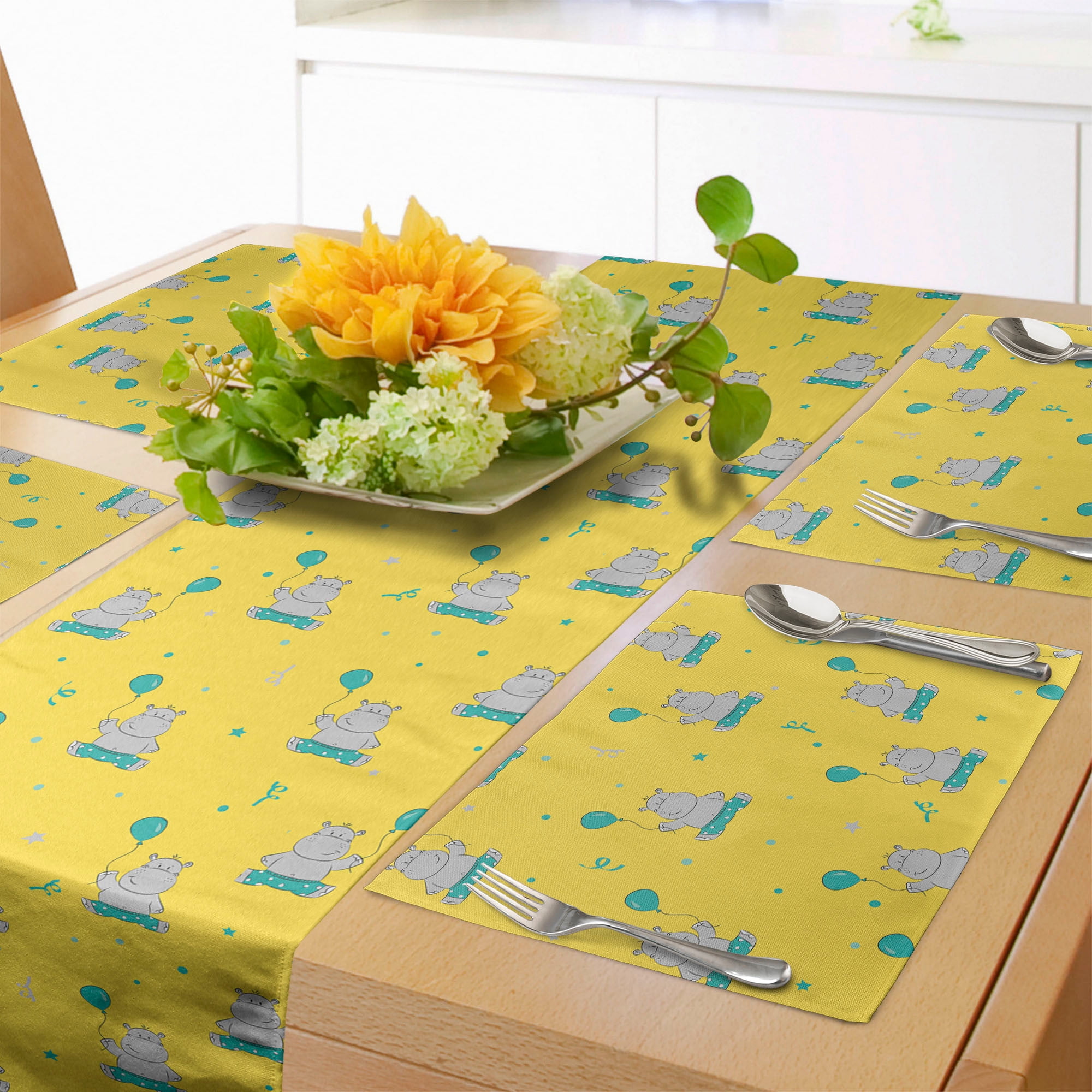 Ambesonne Hippo Table Runner & Placemats, Little Smiling Hippo ...